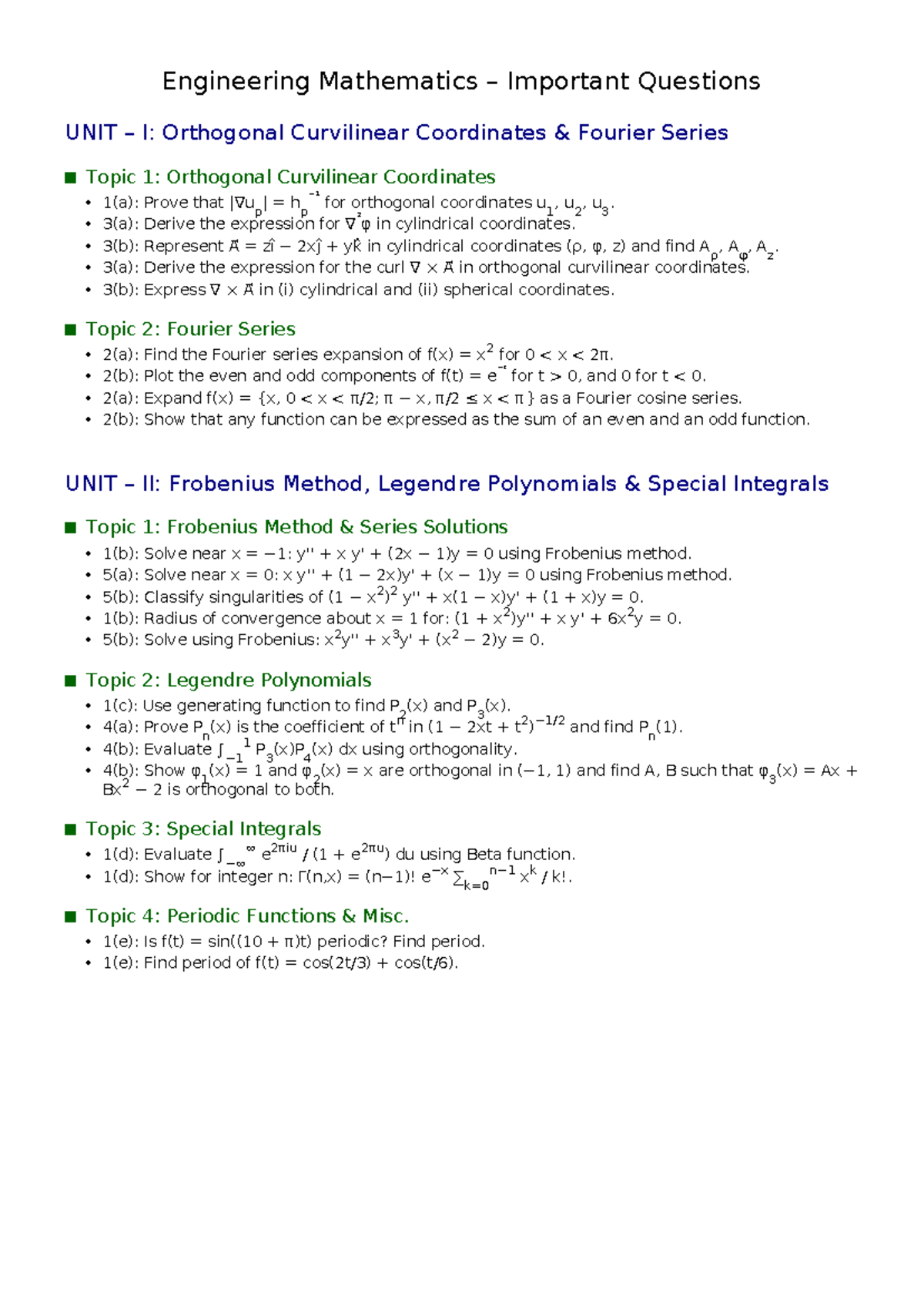 Engineering Mathematics Important Questions: Units I & II Overview ...