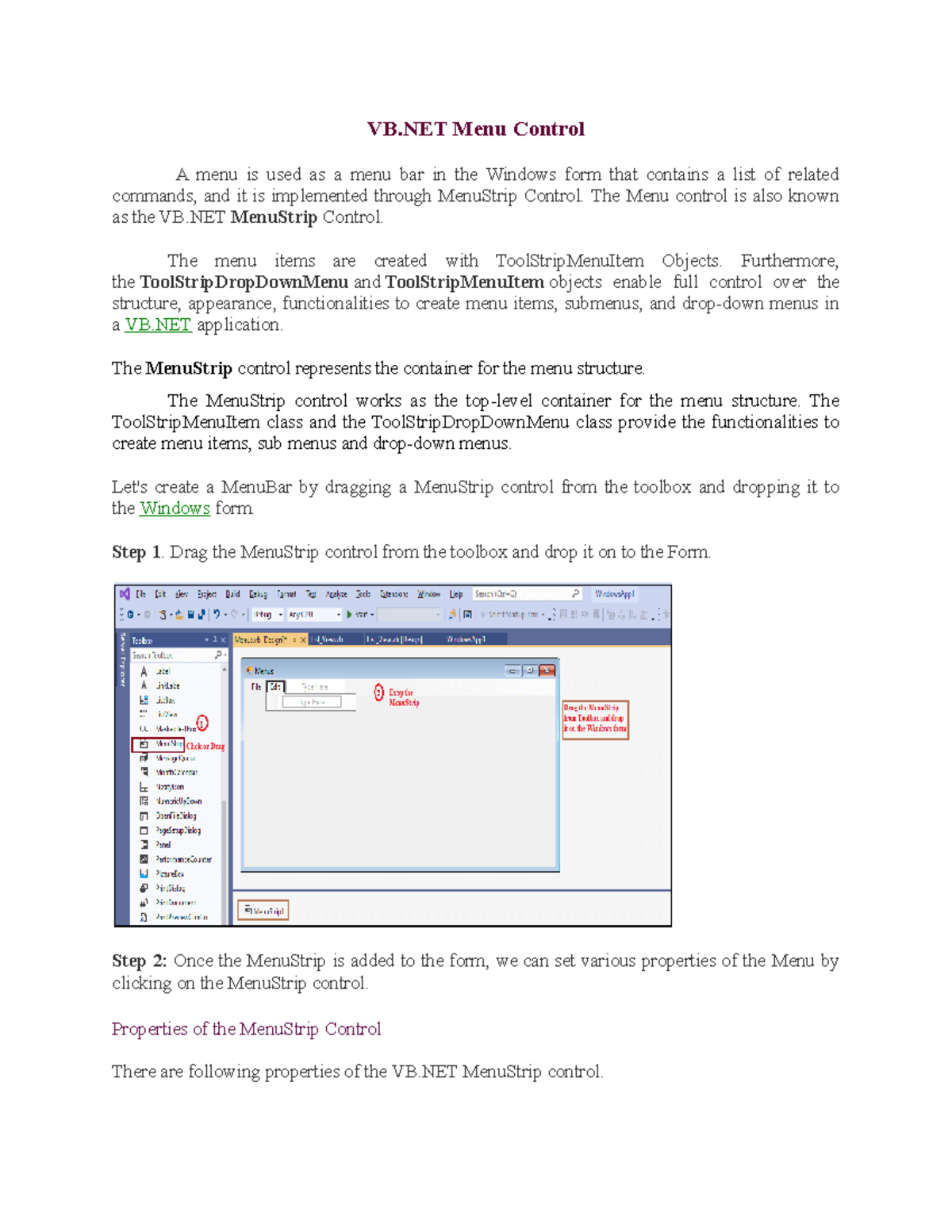 Menu control - for practical exercises - VB Menu Control A menu is used ...
