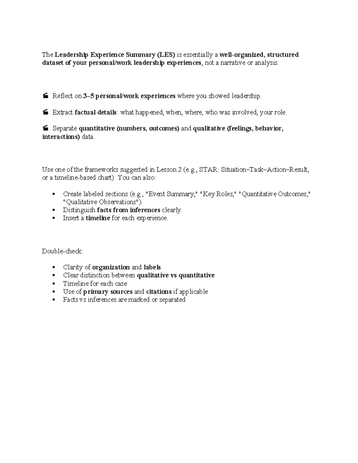 LES: Structured Summary of Leadership Experiences and Insights - Studocu