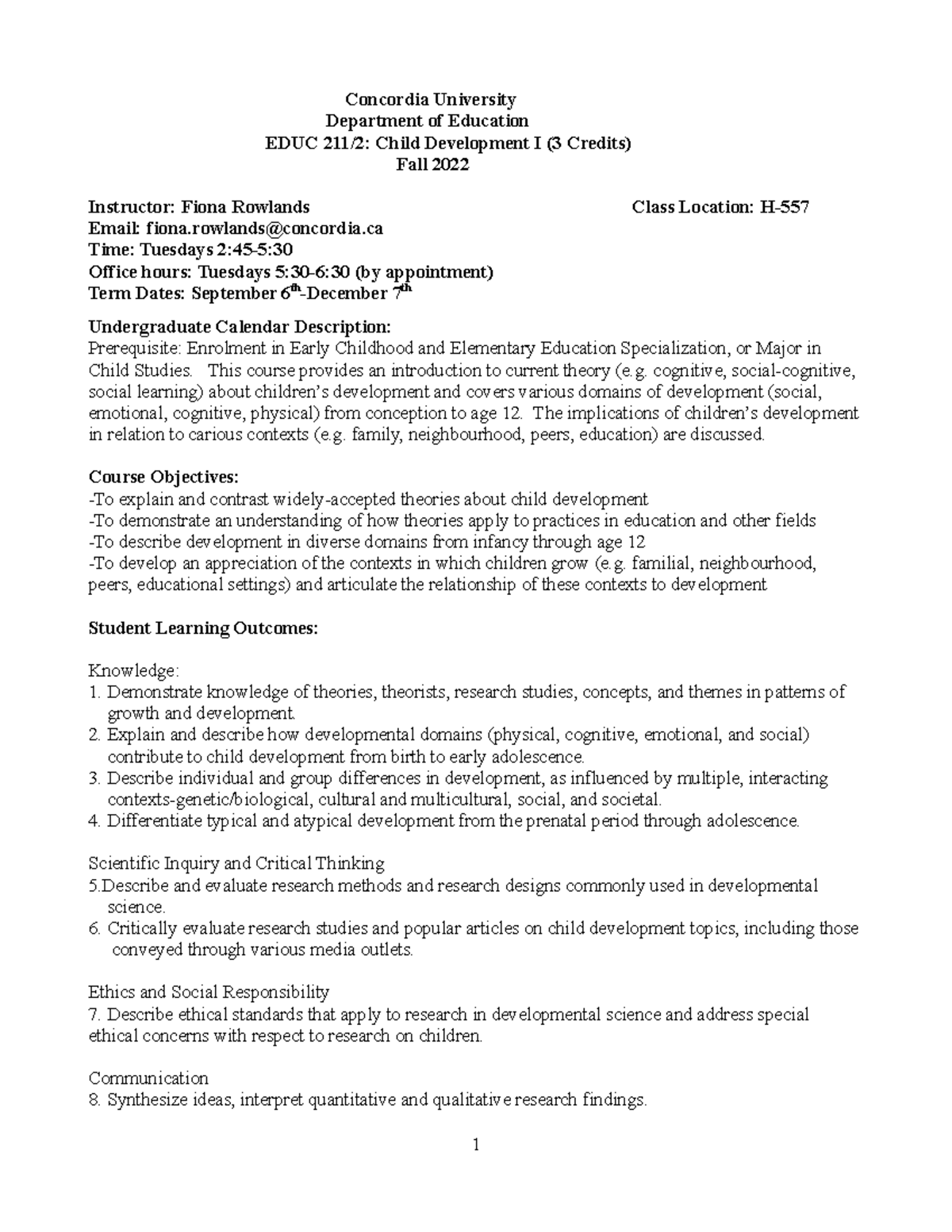 EDUC211 Course Outline: Child Development I Overview (Fall 2022) - Studocu