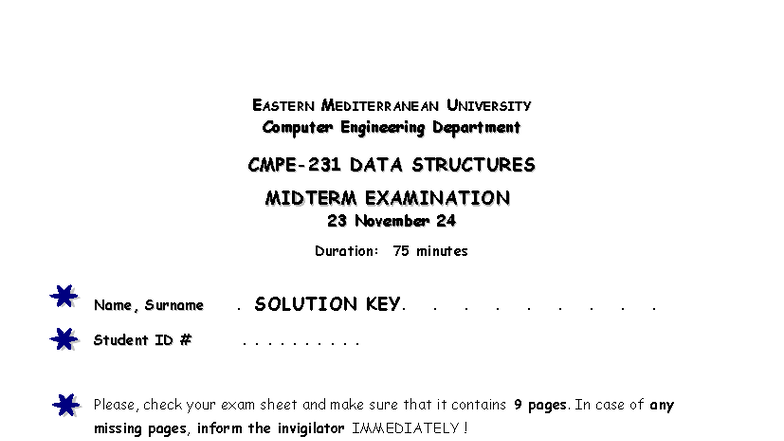 EMU CE Department DATA STRUCTURES MIDTERM EXAM SOLUTION KEY - Studocu