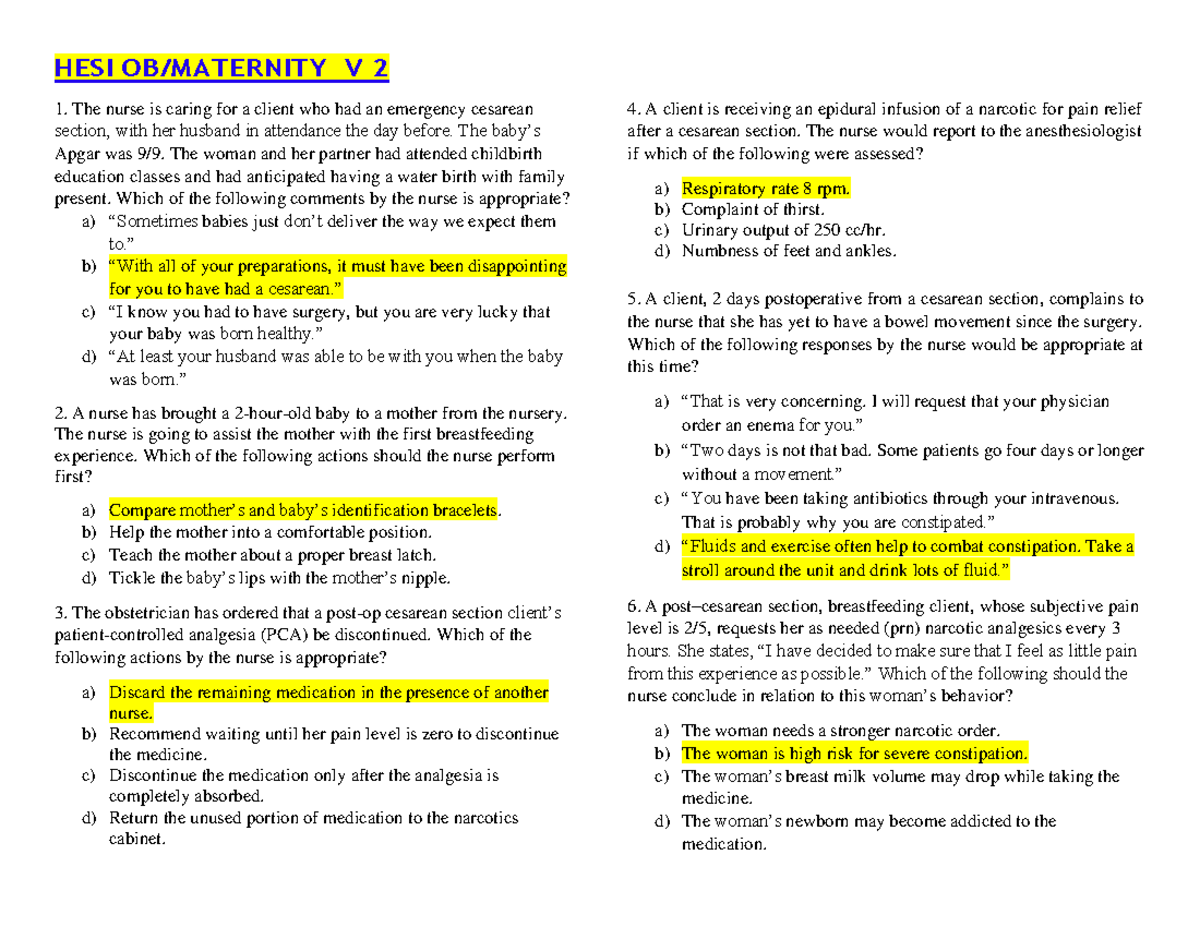 HESI OB/MATERNITY V2 Exam Review: Critical Postpartum Nursing Scenarios ...