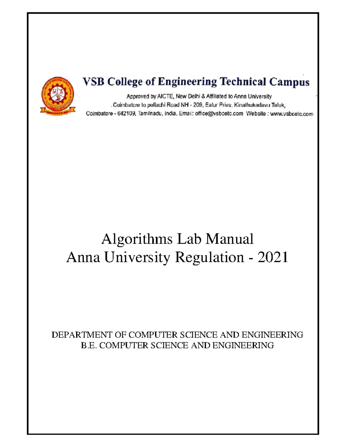 Algorithm LAB Manual - Anna University CSE 2021 Regulations - Studocu