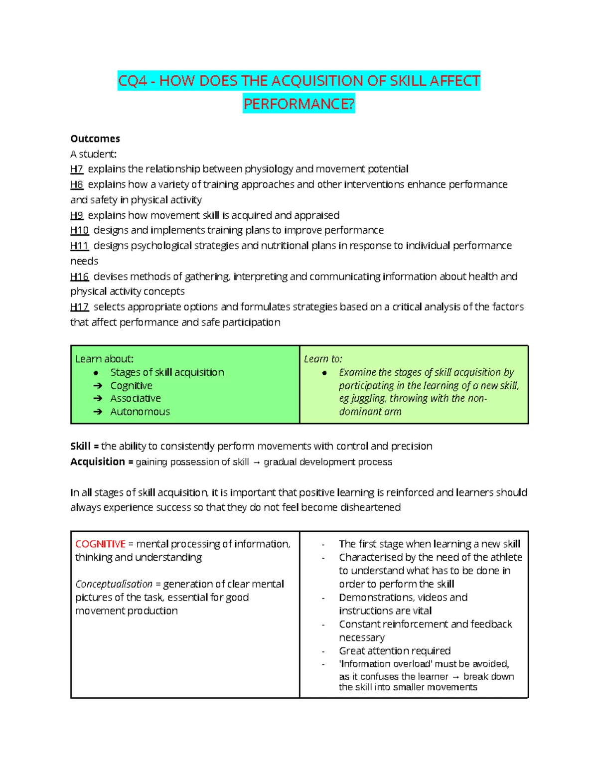 Stages of Skill Acquisition in Sports Performance Analysis - Studocu