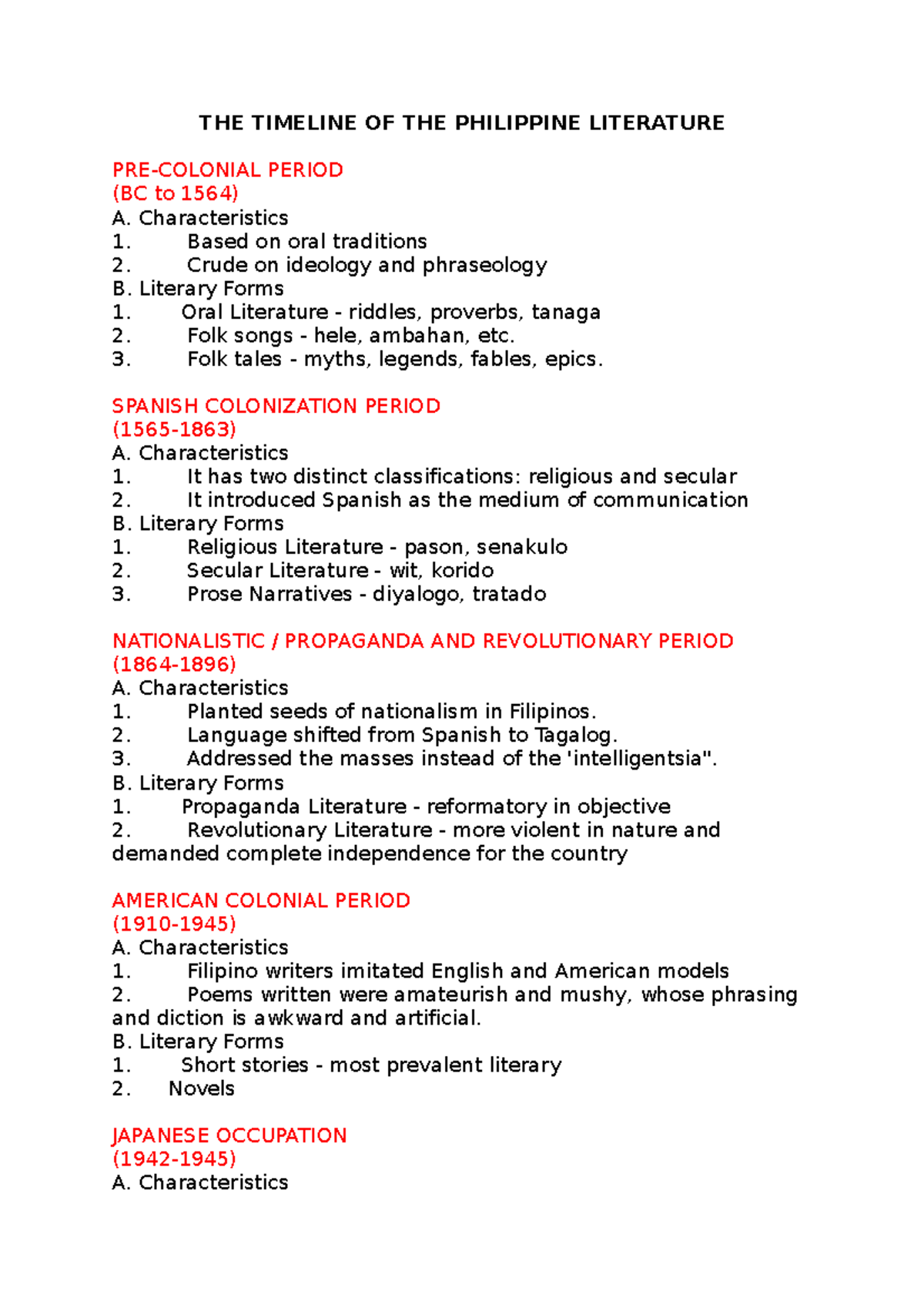 THE Timeline OF THE Philippine Literature - THE TIMELINE OF THE ...