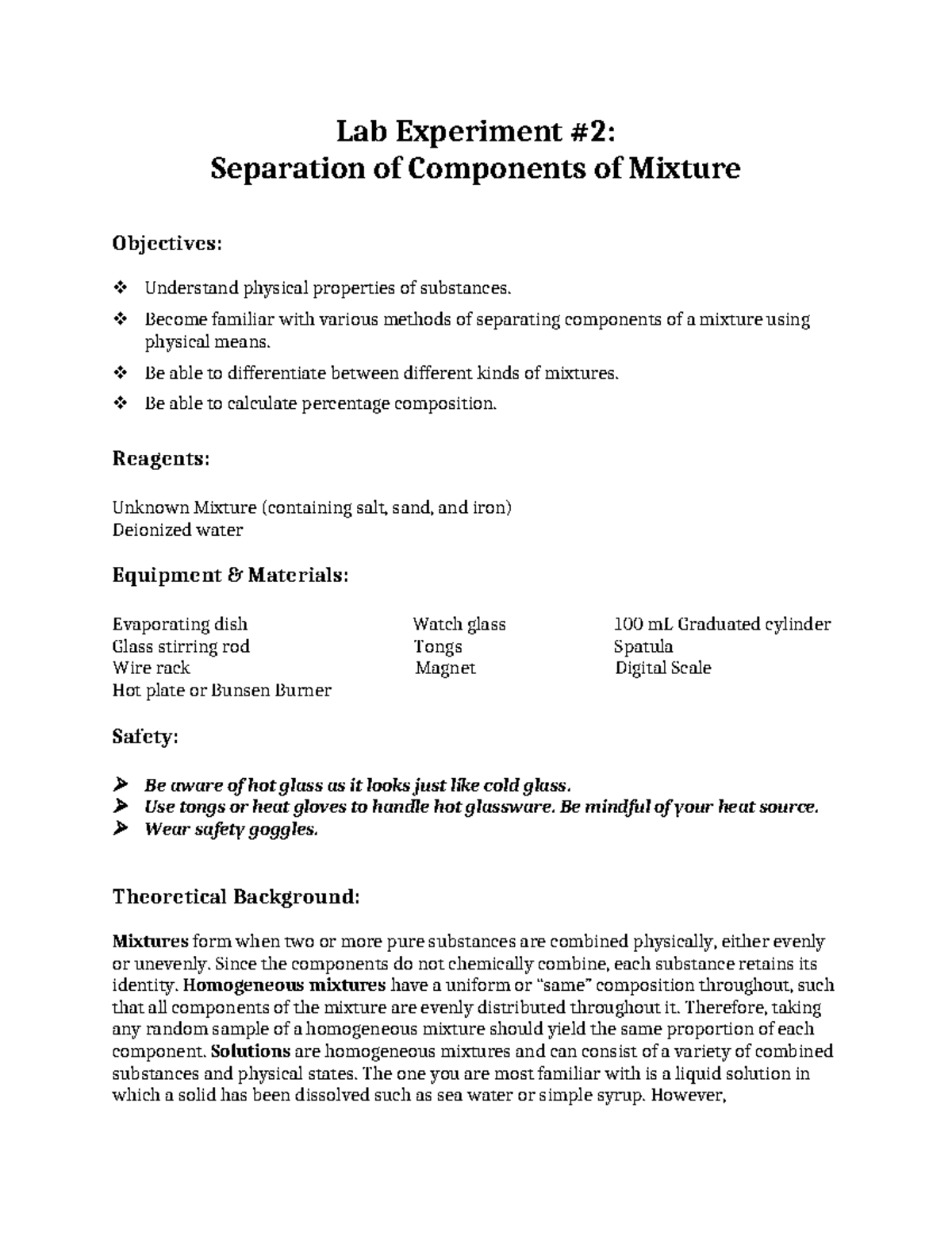 Lab Experiment #2: SEPARATION of Mixture Components (Salt, Sand, Fe) - Studocu