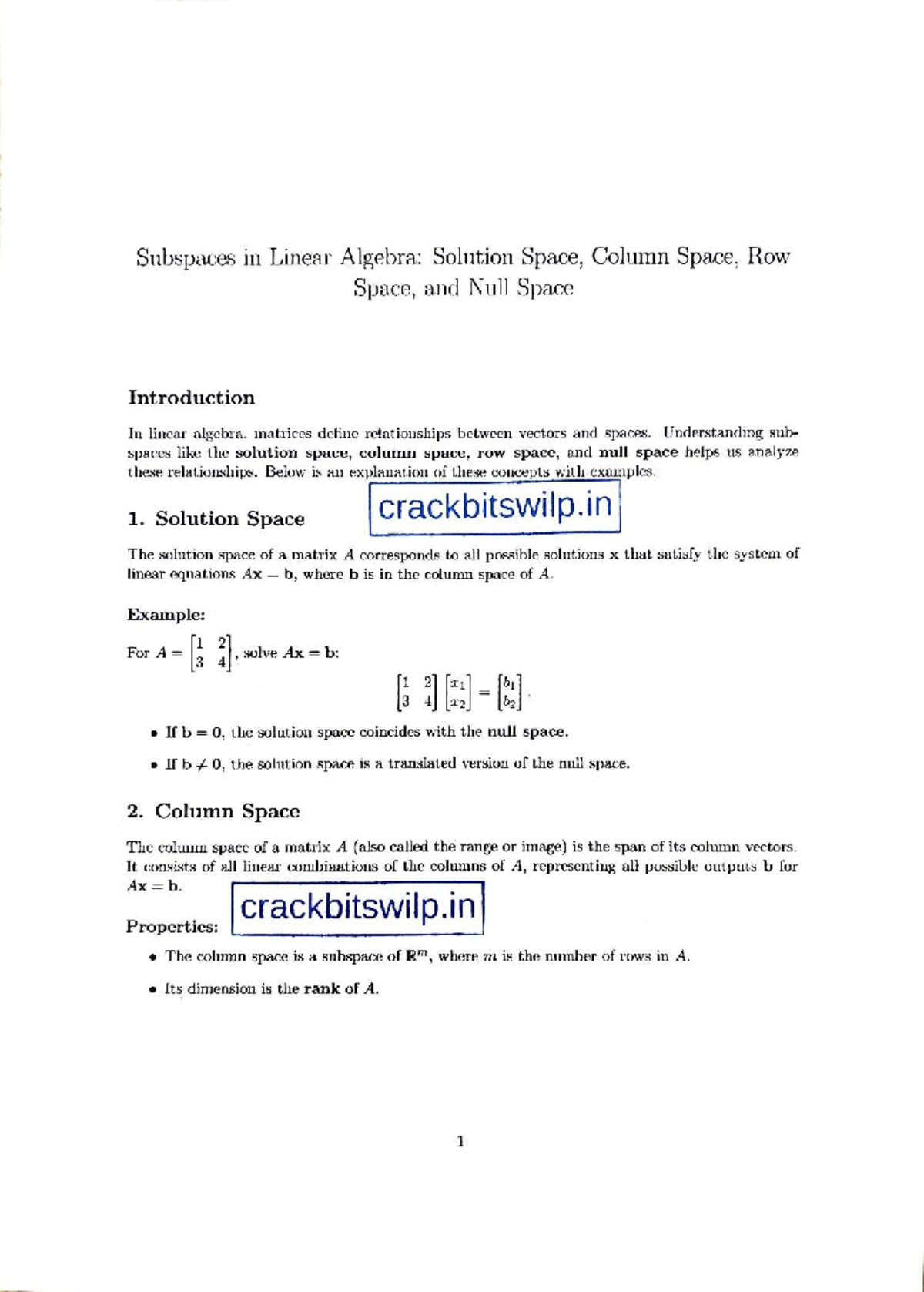 2. Subspaces in Linear Algebra: Solution, Column, Row, and Null Space ...