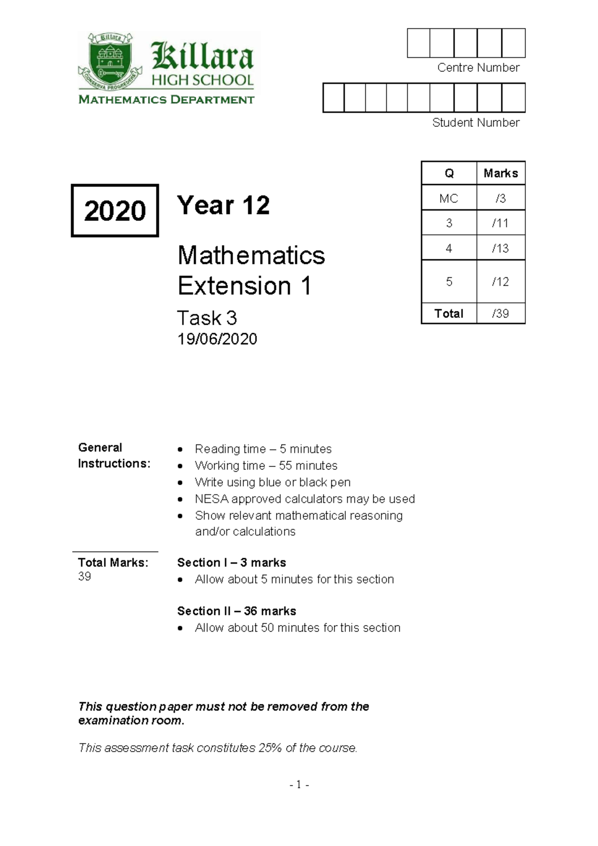 Killara 2020 3U Mathematics Extension 1 MC3 Past Paper Exam - Studocu