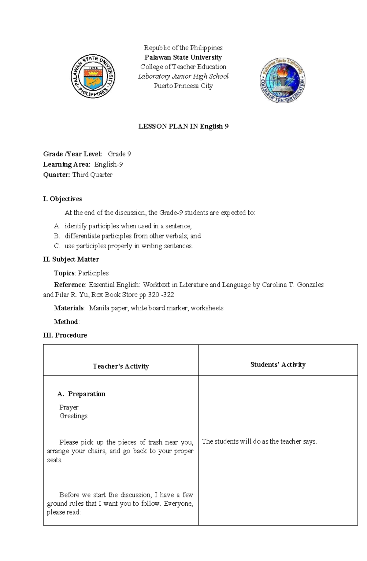 Lesson Plan on Participles - English 9 (3rd Quarter) - Studocu