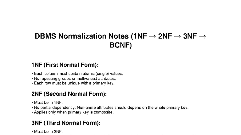 DBMS Normalization Notes: 1NF, 2NF, 3NF, and BCNF - Studocu