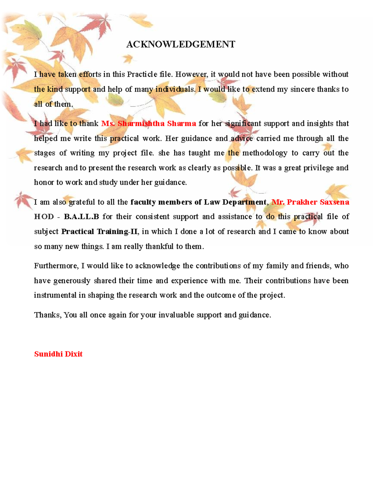 Acknowledgement for Practical File - B.A.LL.B - Studocu