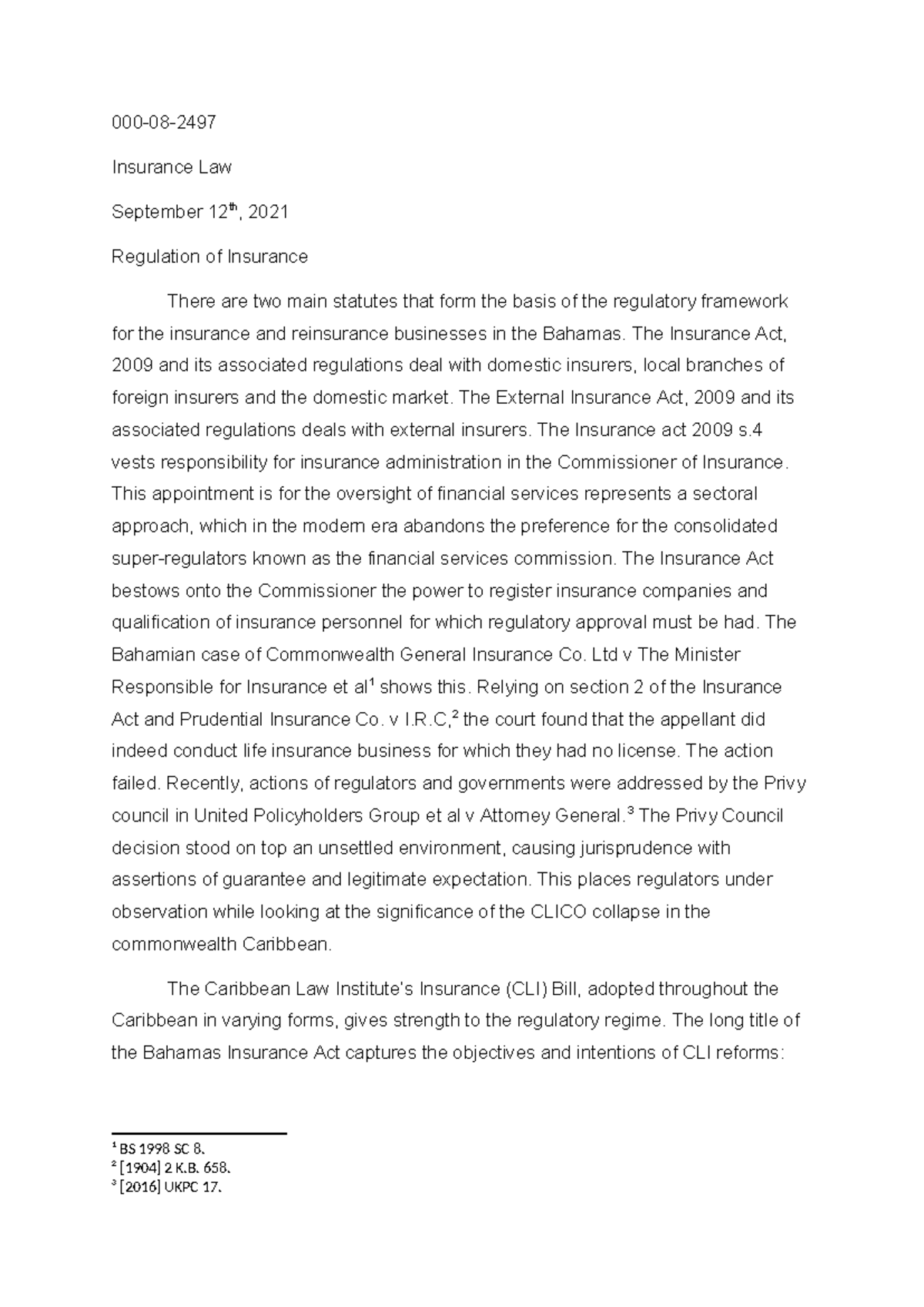 Insurance Law Assignment: Regulatory Framework in The Bahamas - Studocu