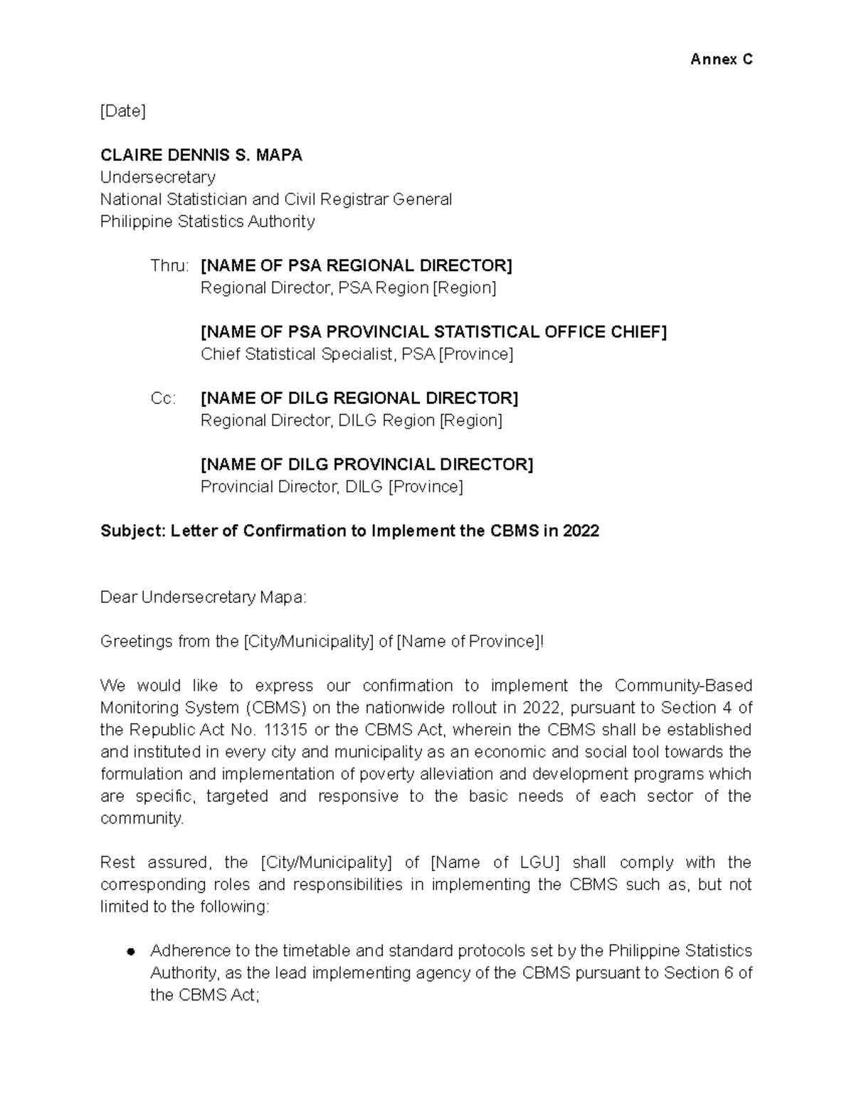 Annex C - Pro Forma Letter of Confirmation to Implement the CBMS in ...