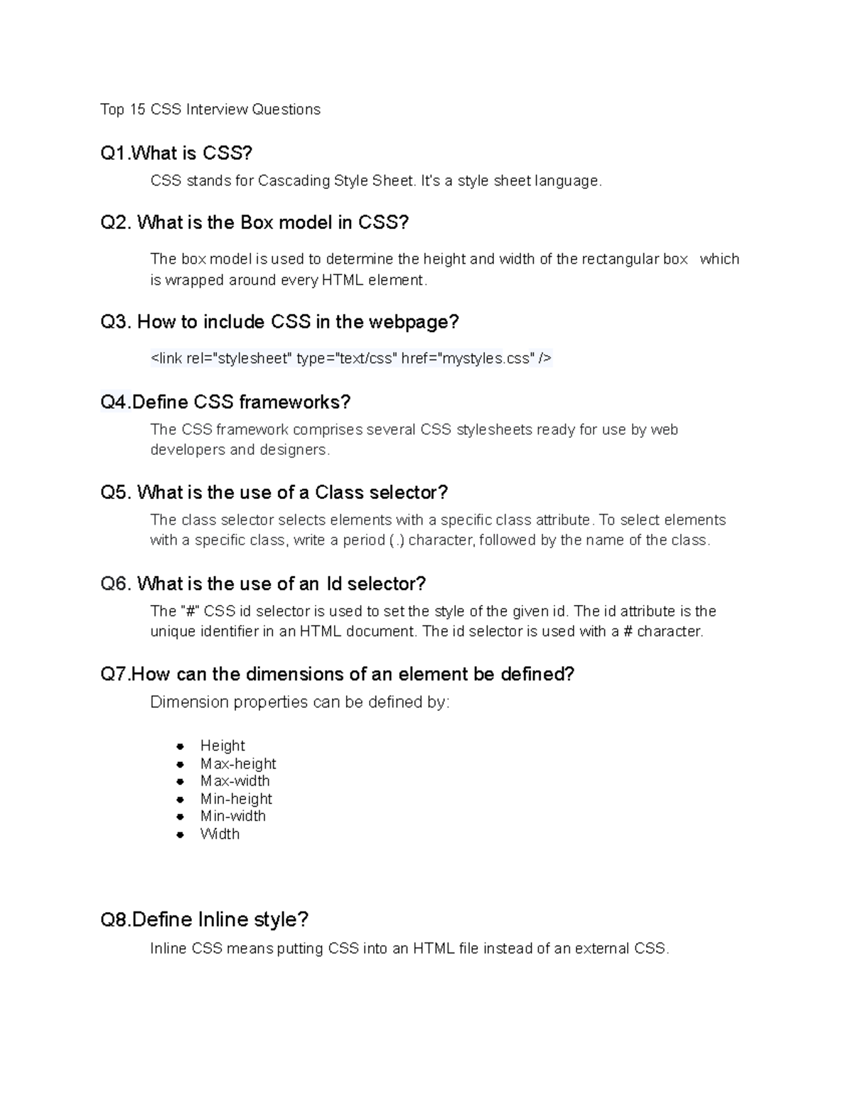Top 15 CSS Interview Questions for Web Dev (CSS 101) - Studocu