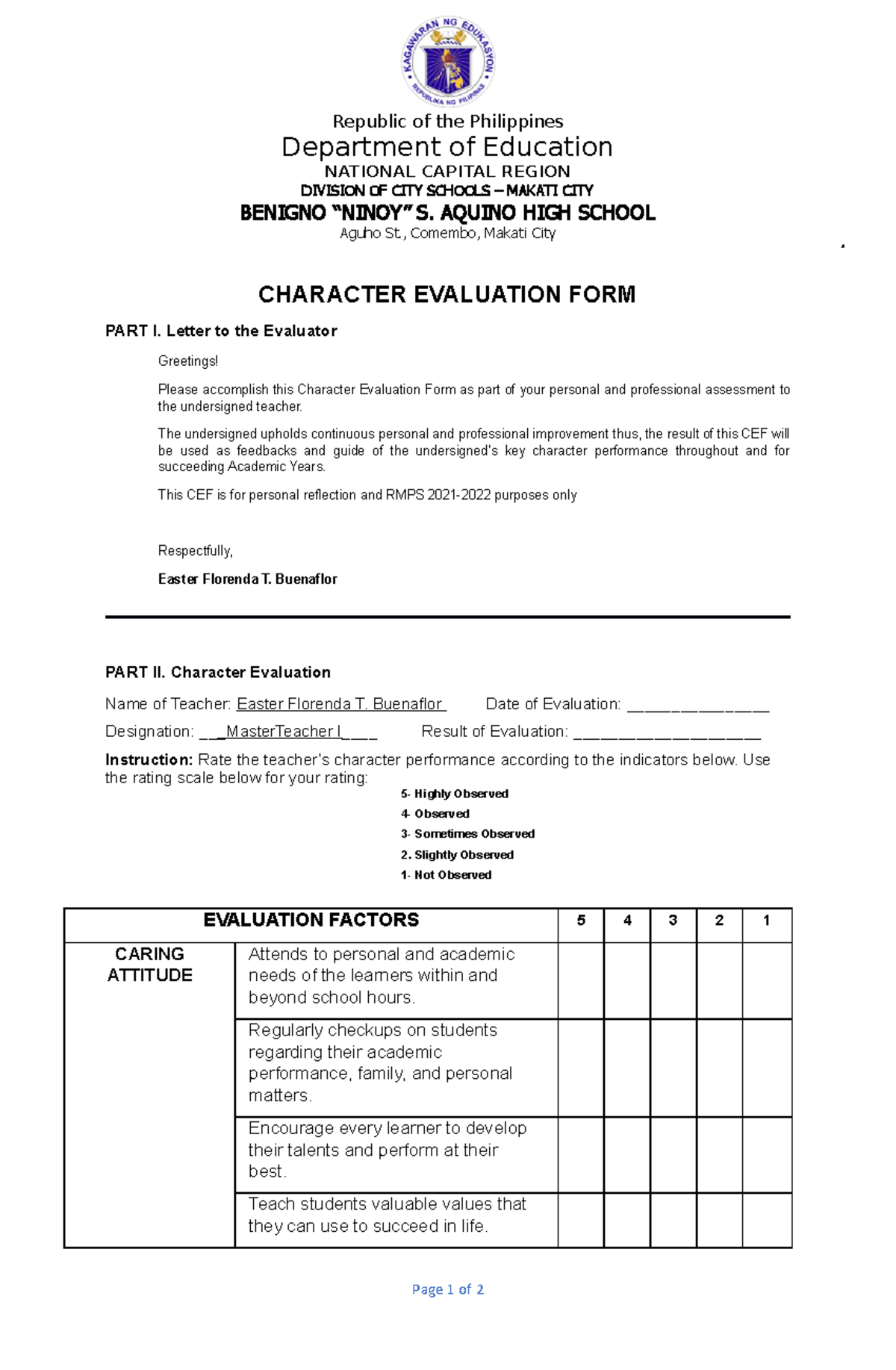 Character Evaluation Form for Teacher Easter Florenda T. Buenaflor ...