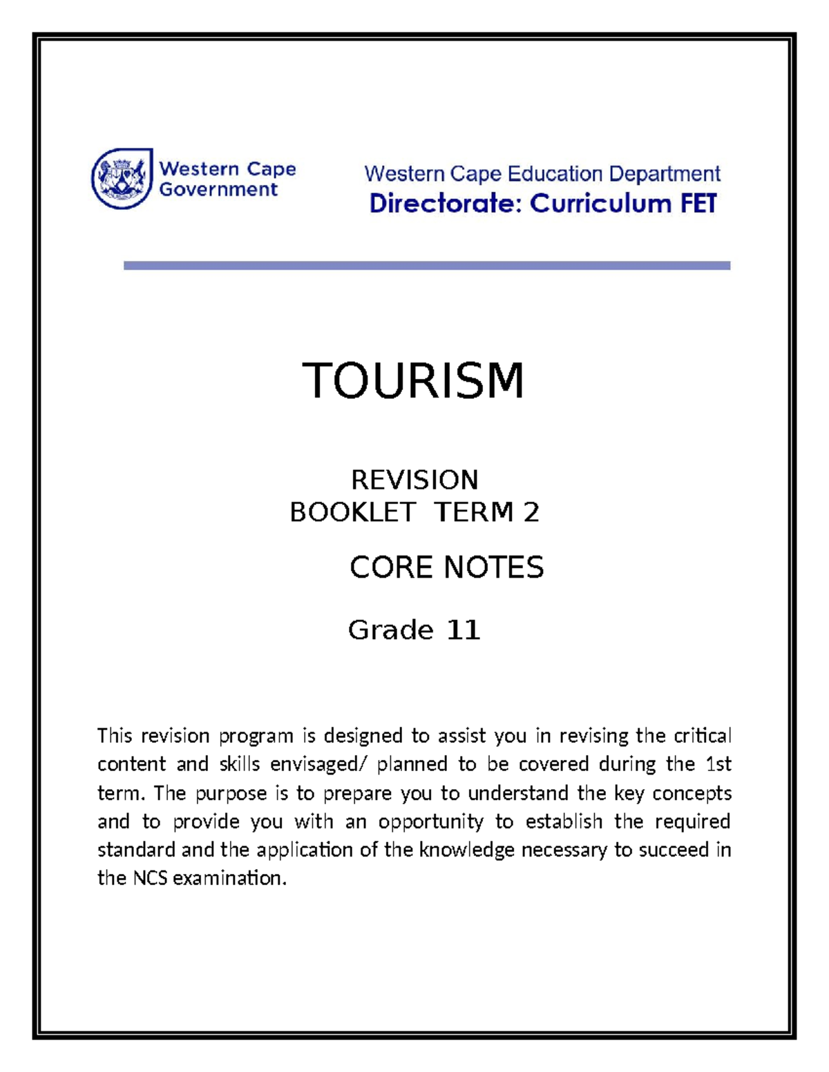 Grade 11 Tourism Revision Booklet: Term 2 Core Notes - Studocu