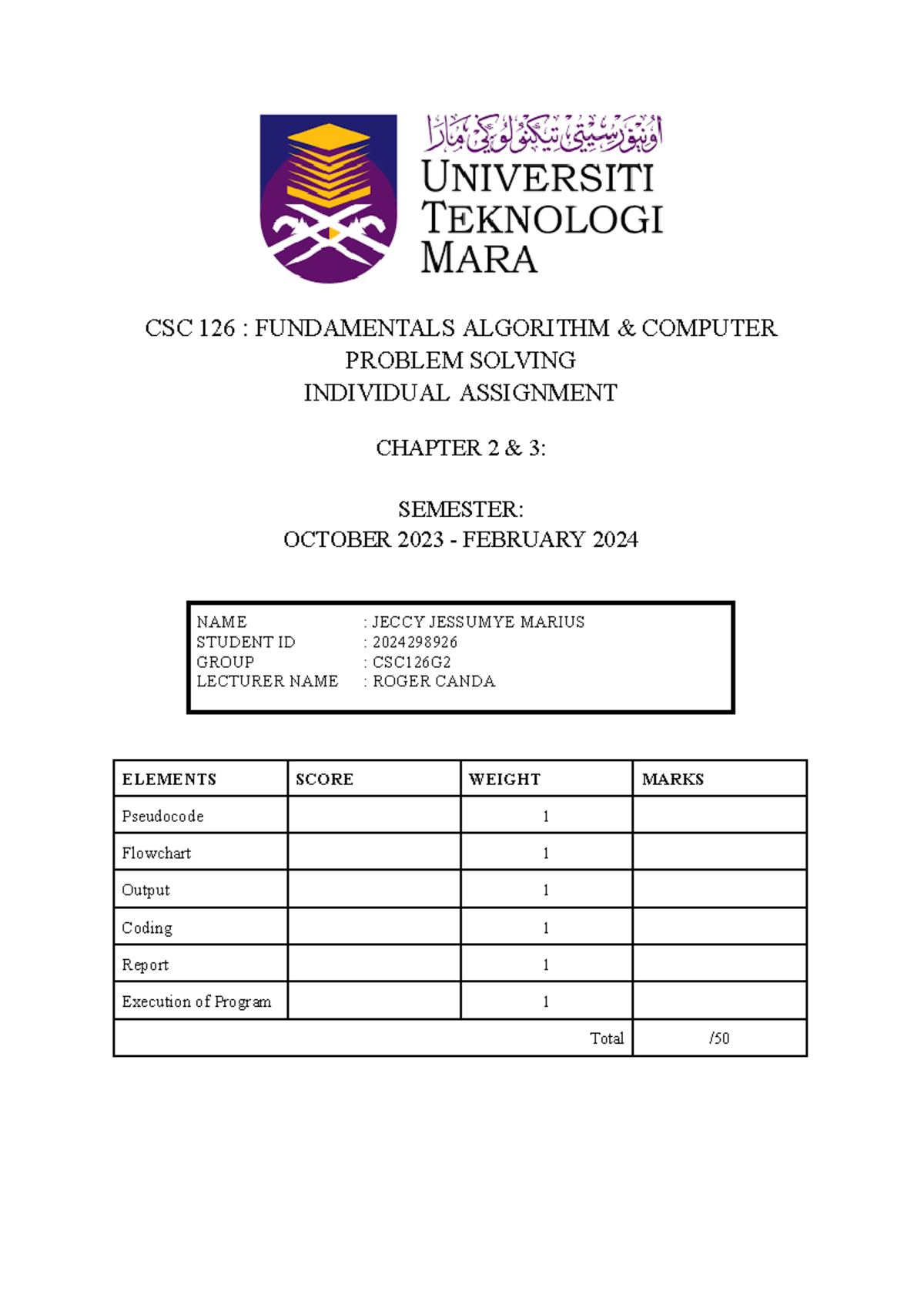 CSC 126 Individual Assignment Sample - CSC 126 : FUNDAMENTALS ALGORITHM ...