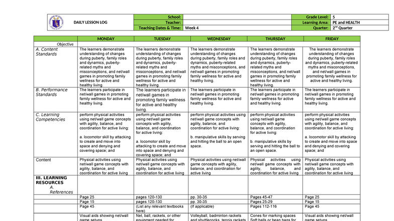 PE and Health 5 Q2 Lesson Log: Week 4 Activities and Skills - Studocu