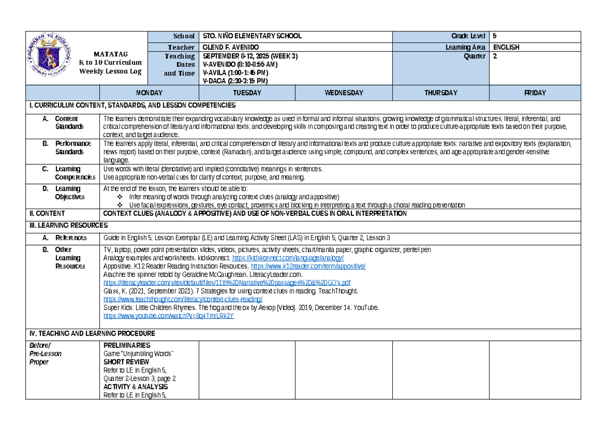 Q2-Week 3 - English 5 Daily Lesson Log (STO. NIÑO ELEM.) - Studocu
