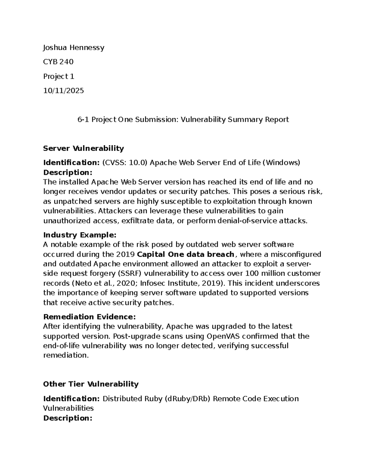 CYB 240 Project 1: Vulnerability Summary Report on Apache Server - Studocu