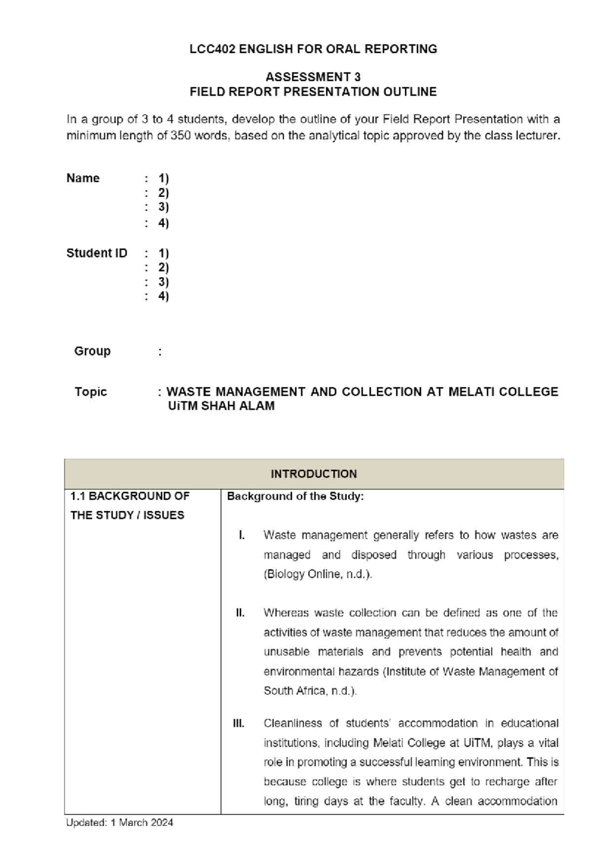 LCC402 ENGLISH FOR ORAL REPORTING ASSESSMENT 3 FIELD REPORT ON WASTE ...