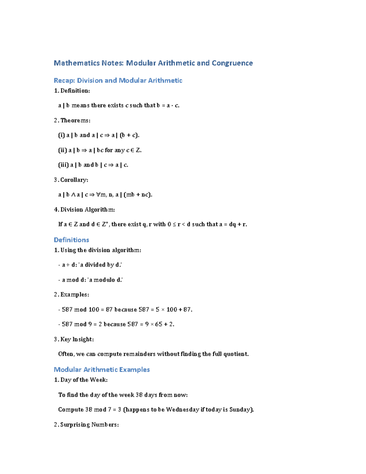 2 - lecture - Mathematics Notes: Modular Arithmetic and Congruence ...