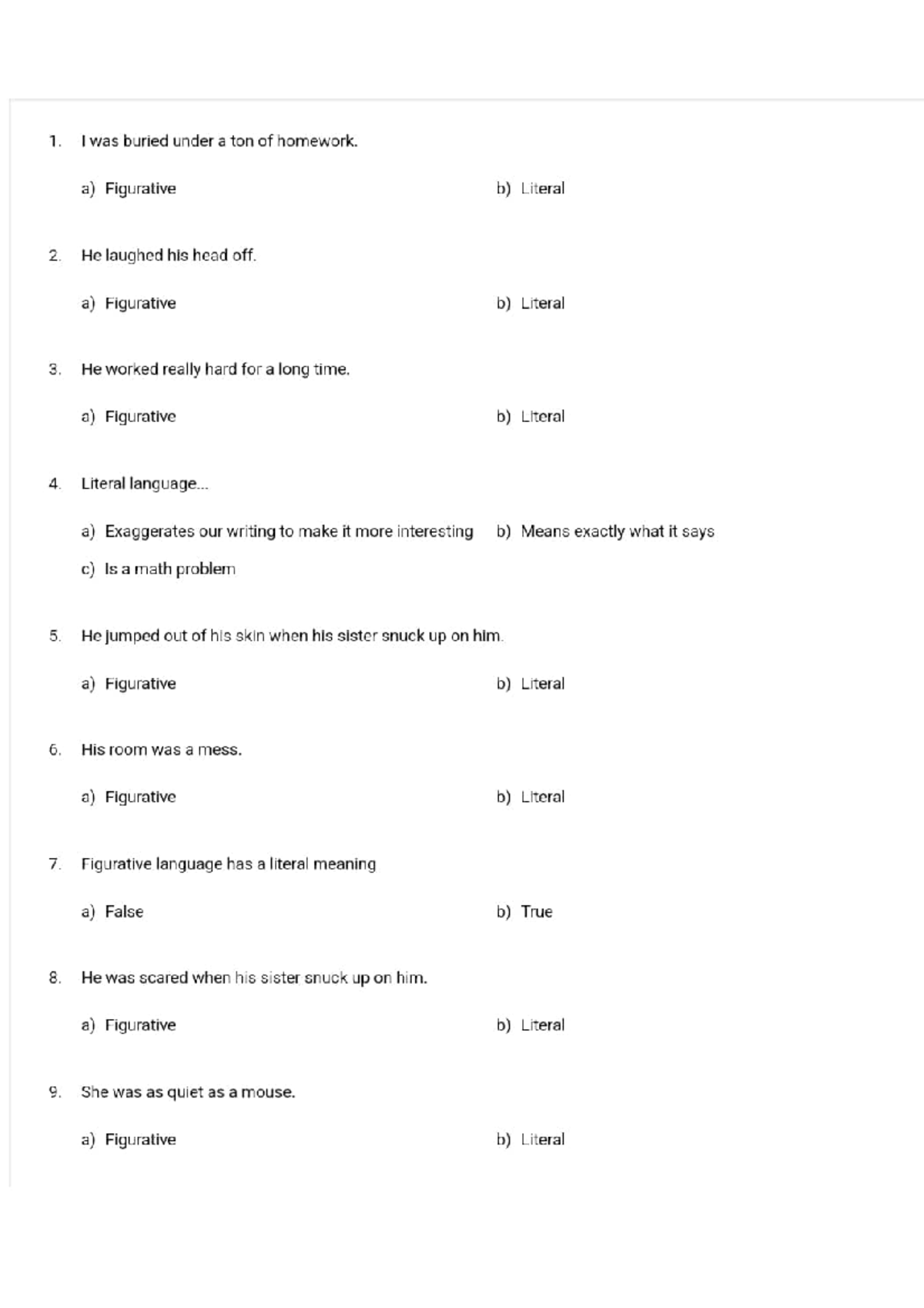 ENG-101 Quiz on Figurative vs Literal Language Concepts - Studocu