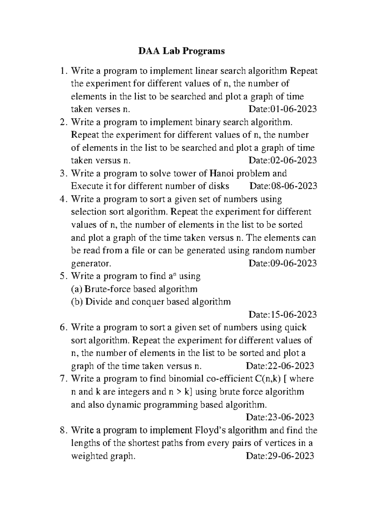 DAA lab Programs - DAA Lab Programs Write a program to implement linear search algorithm Repeat ...