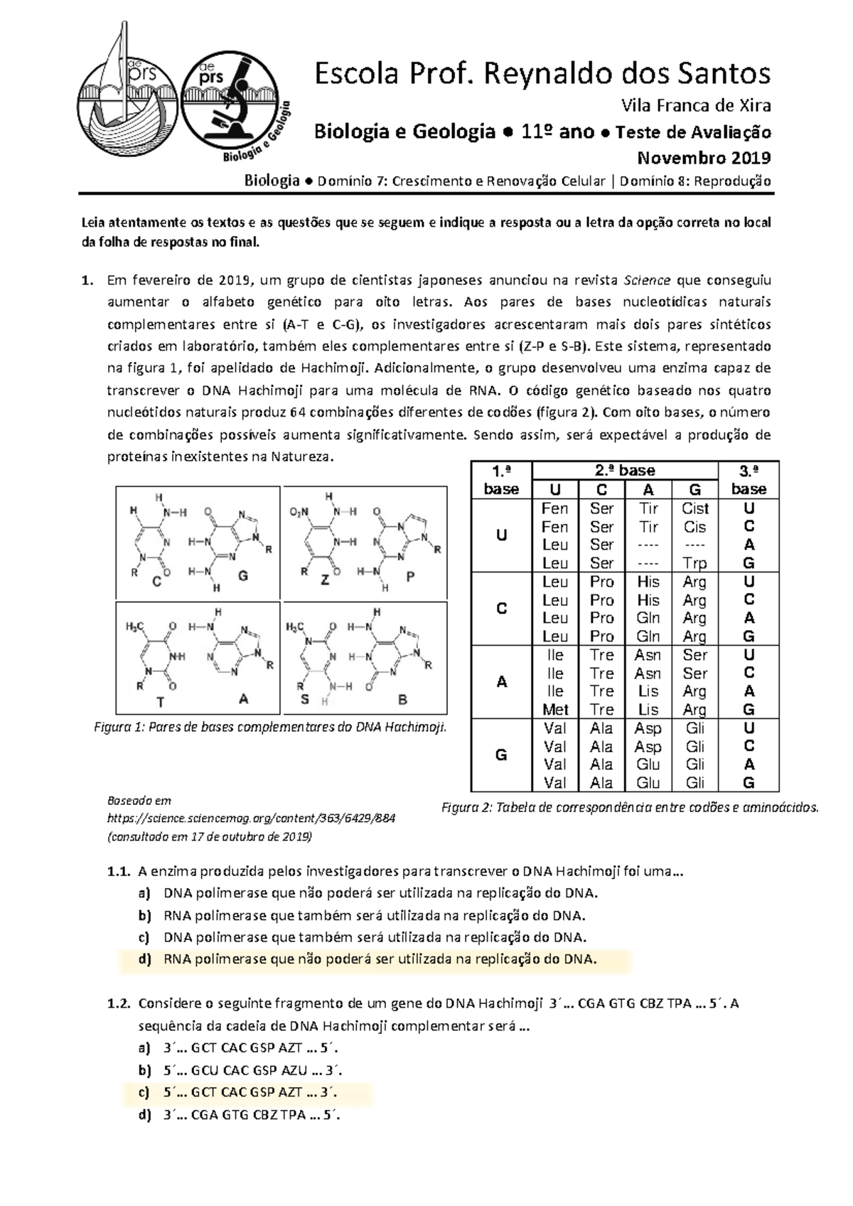 Bio Geo 11 Teste DNA reprod mitose meiose ciclos 2019 correc - Escola ...