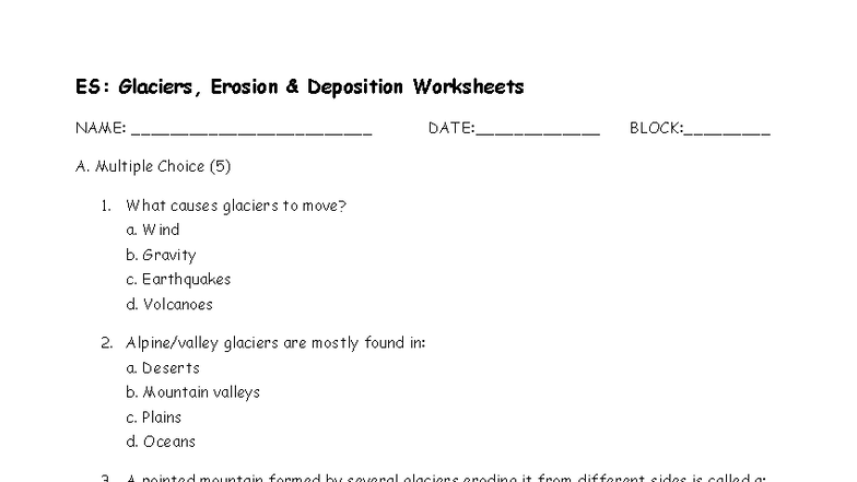 ES: Glaciers Erosion & Deposition Worksheets - Multiple Choice & ID ...