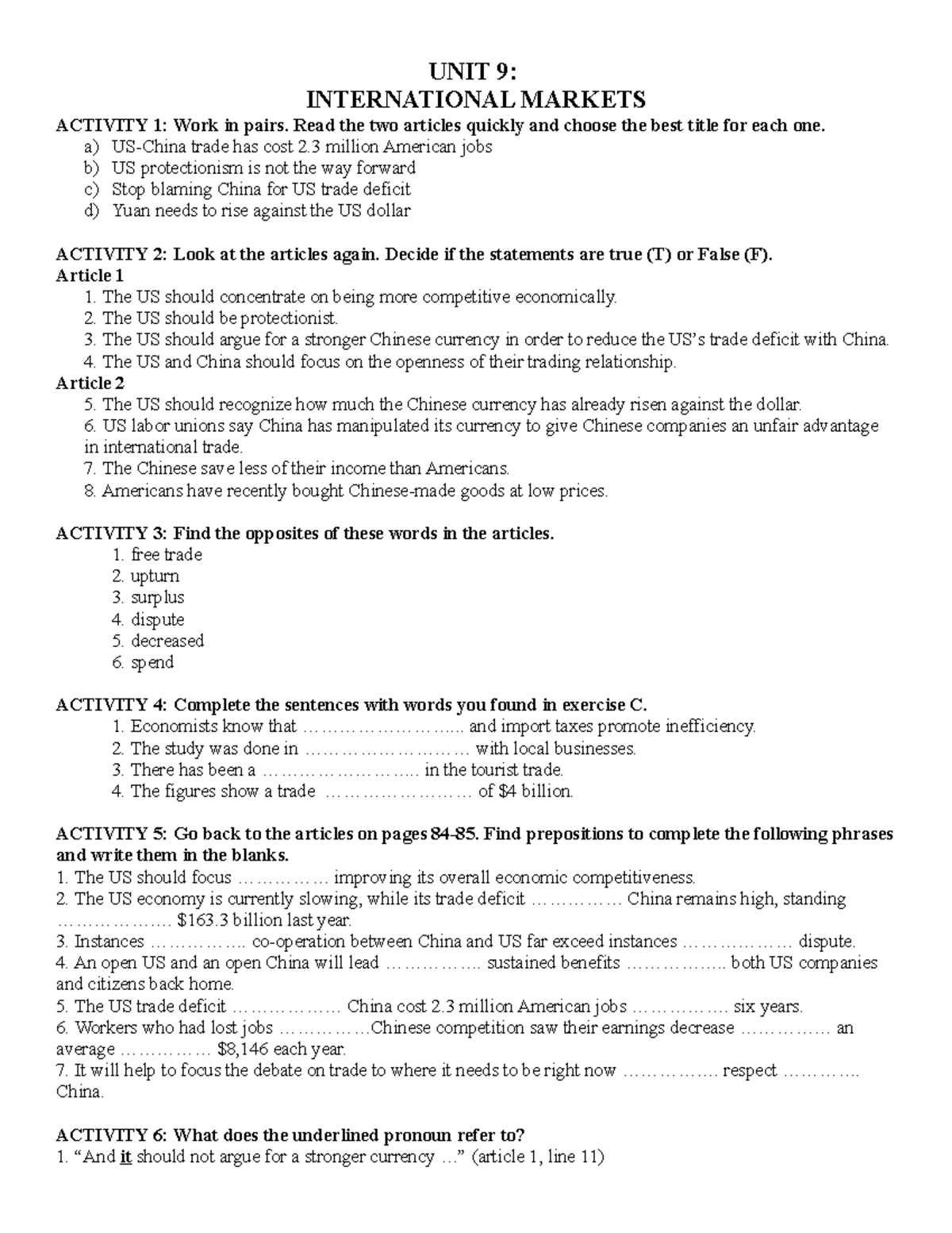 UNIT 9 - Business English - UNIT 9: INTERNATIONAL MARKETS ACTIVITY 1 ...
