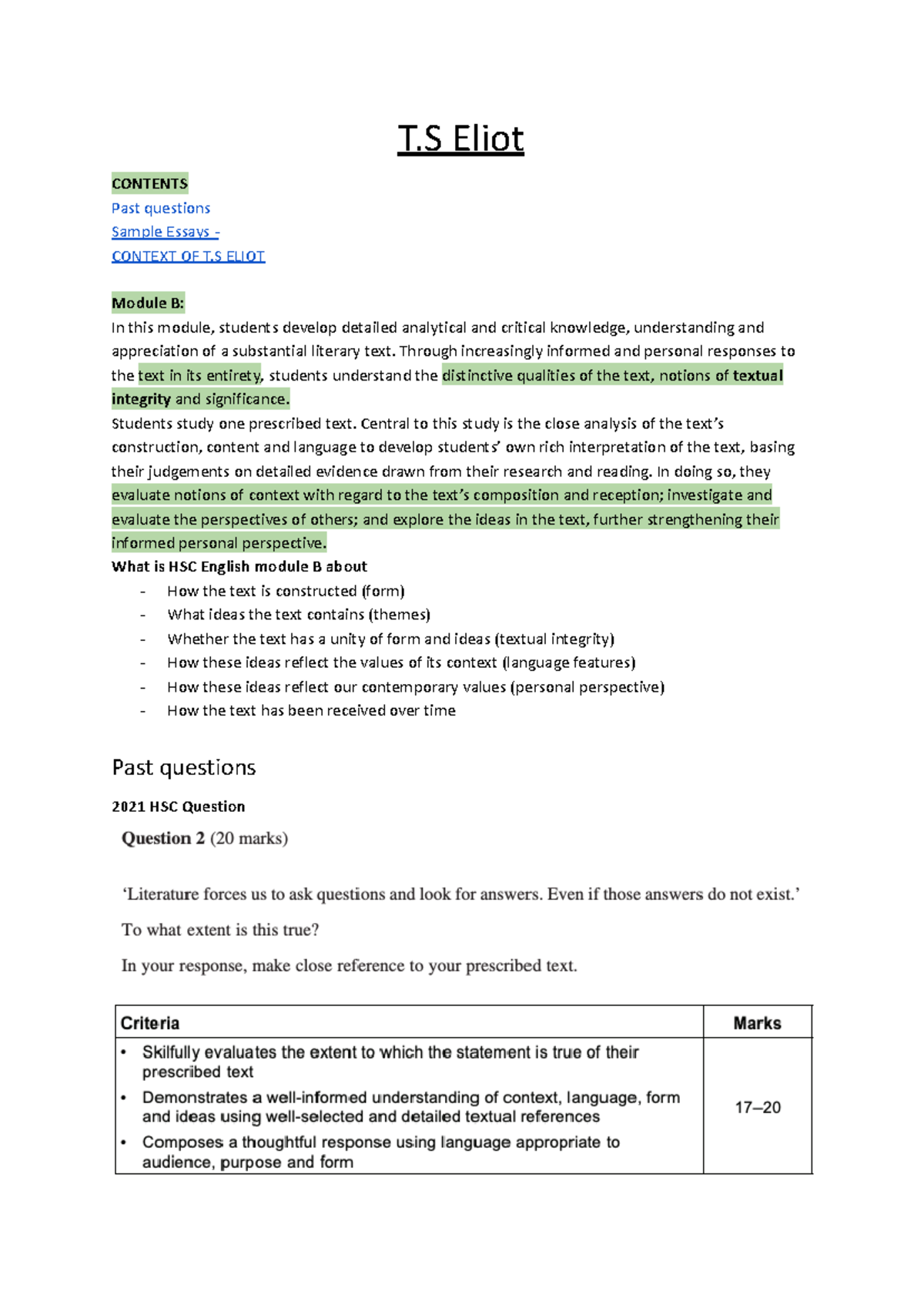 HSC ENG ADV Module B: Critical Analysis of T.S. Eliot's Poetry - Studocu
