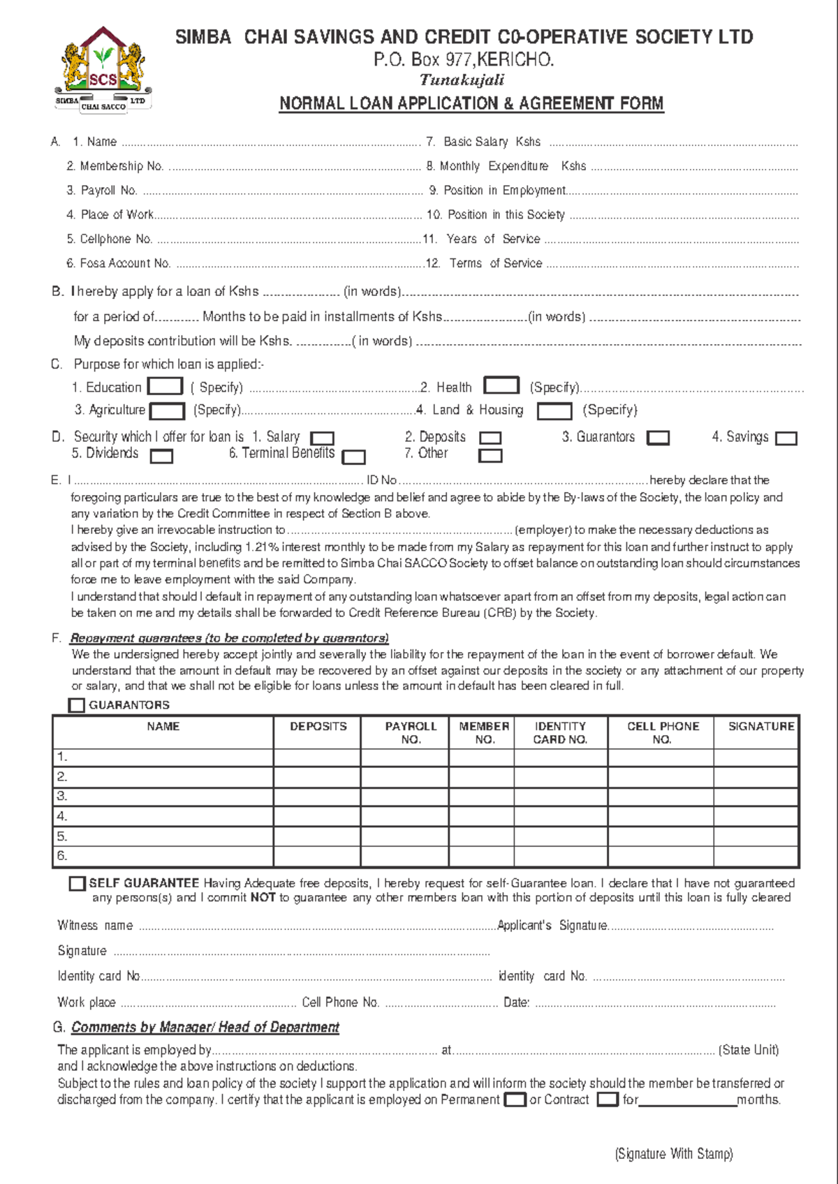 SIMBA CHAI SACCO Normal Loan Application & Self Guarantee Form - Studocu