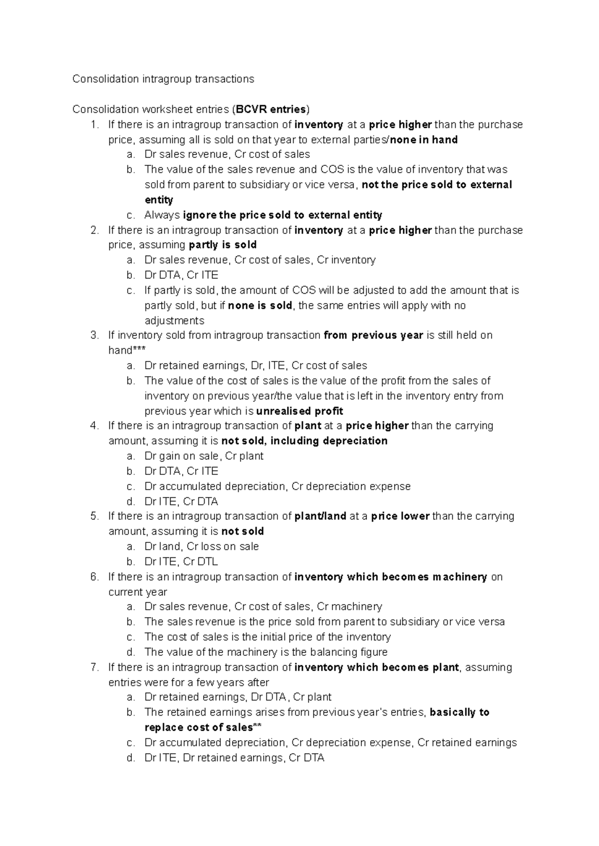 Consolidation Worksheet Entries for Intragroup Transactions (BCVR ...