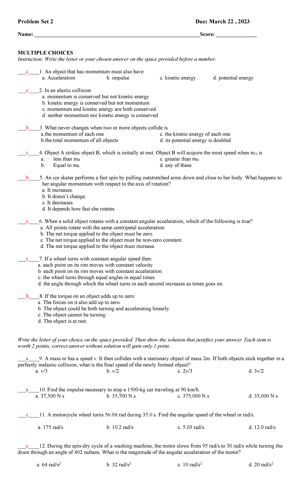 Problem Set 2: Multiple Choice Questions on Momentum and Angular Motion ...