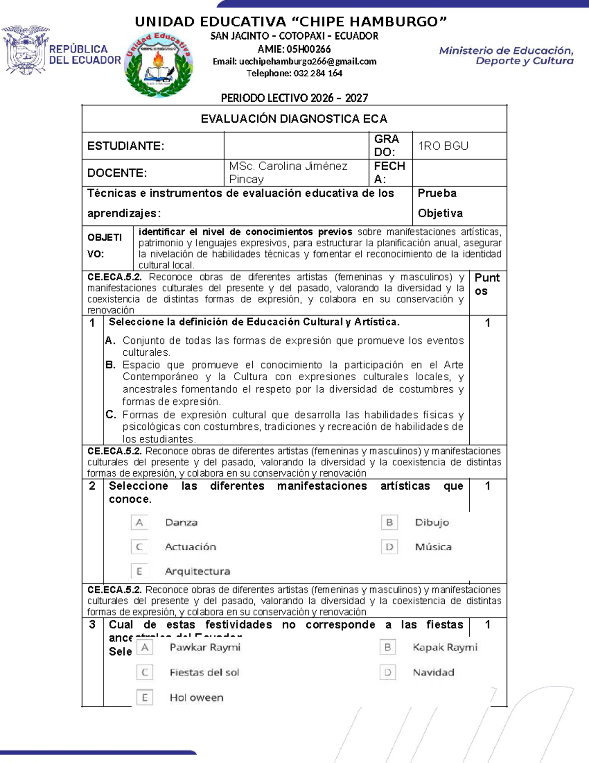 Evaluación Diagnóstica de ECA 1RO BGU - Periodo Lectivo 2026-2027 - Studocu