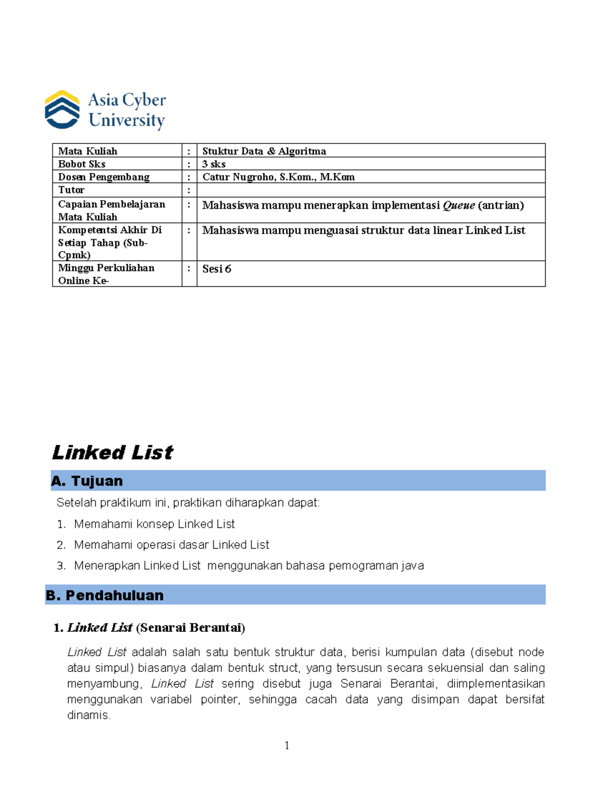 Sesi 7 - Struktur Data & Algoritma: Linked List dan Implementasi Java ...