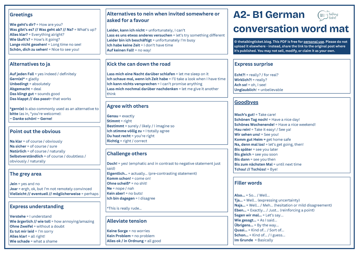 A2-B1 German Conversation Word Mat: Greetings & Alternatives - Studocu