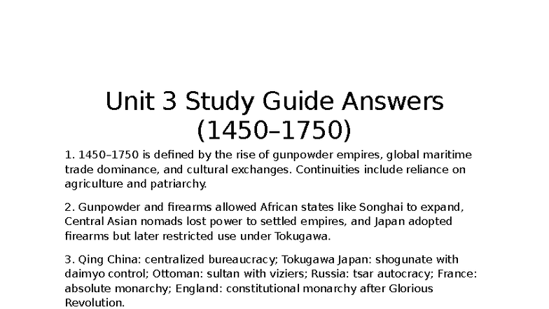 Unit 3 Study Guide Answers (1450–1750): Empires & Cultural Exchange ...