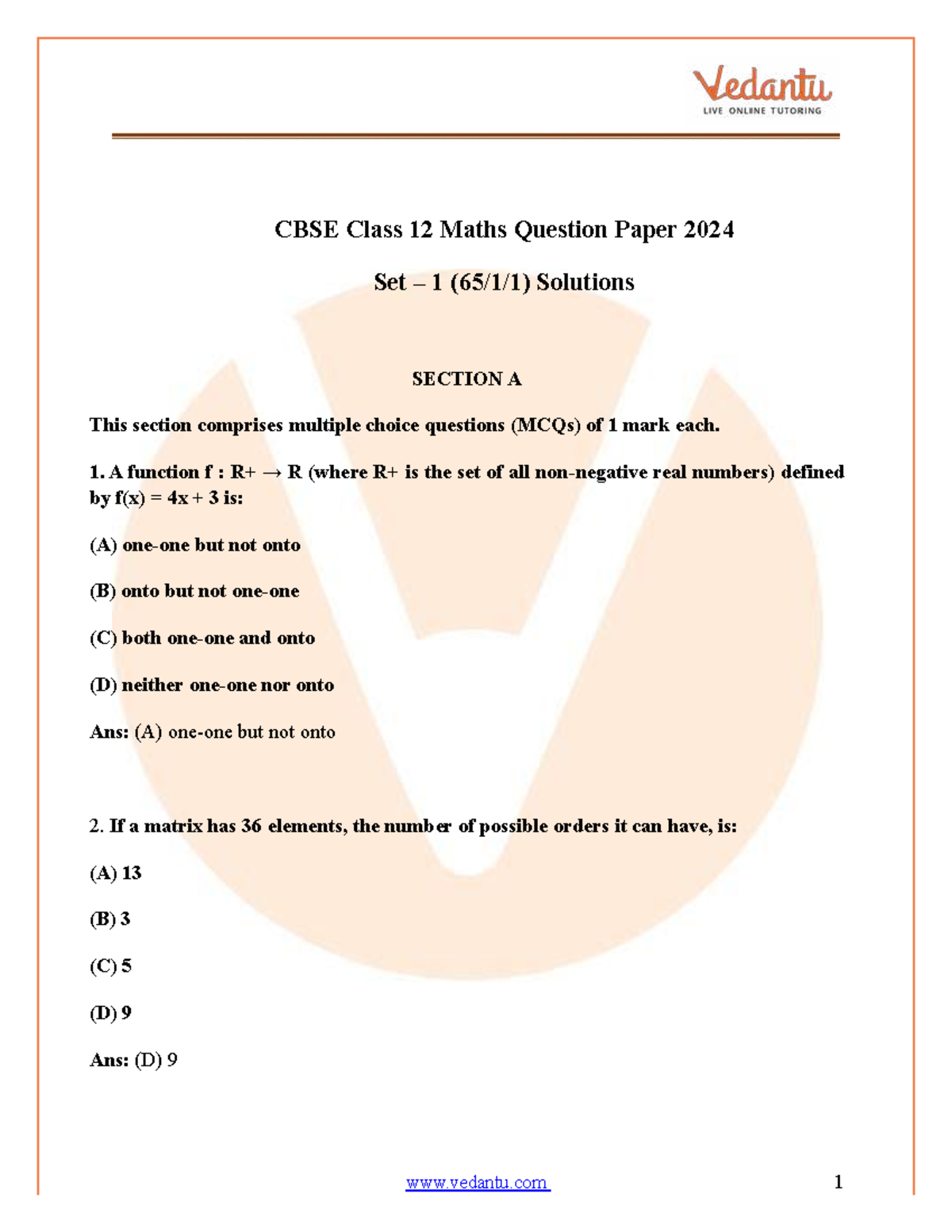 Class 12 Maths CBSE 2024 Set 1 Question Paper Solutions - Studocu
