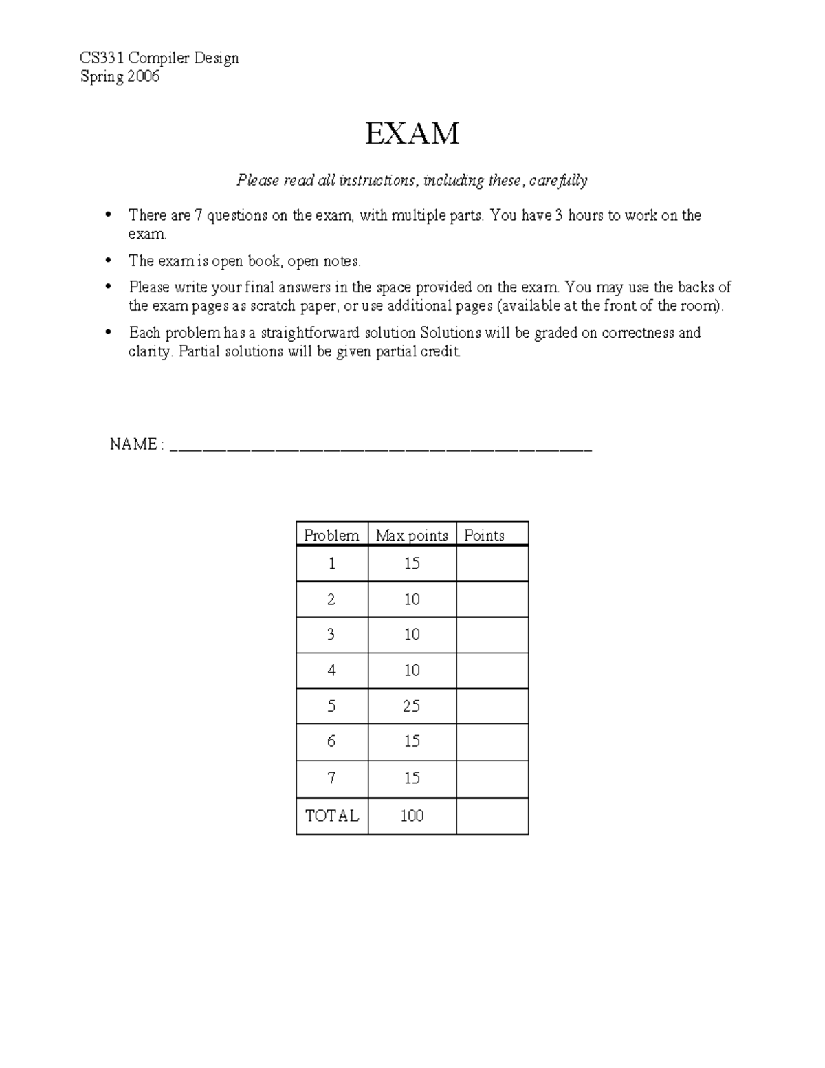 CS331 Compiler Design Spring 2006 Exam Solutions and Analysis - Studocu
