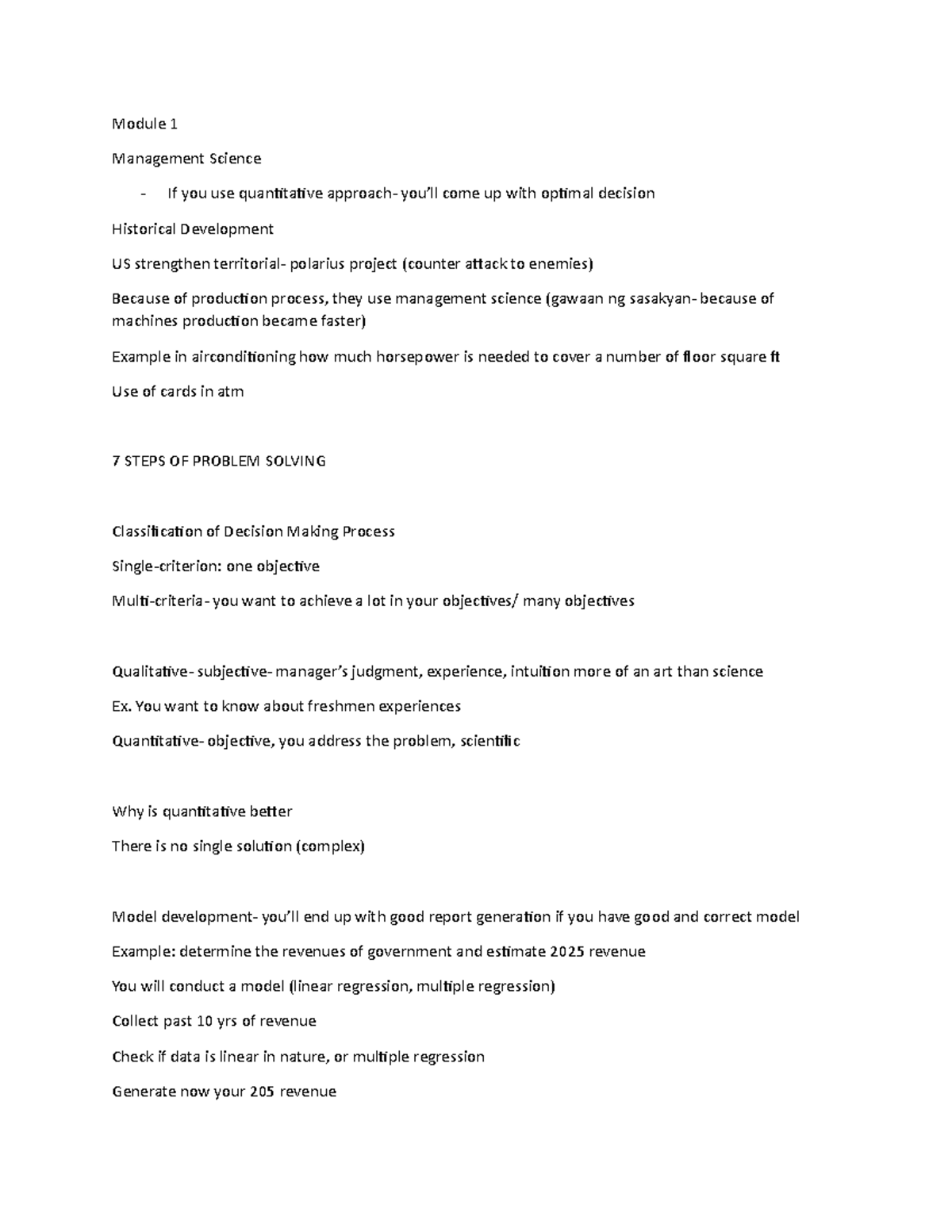 Module 1 Notes - Module 1 Management Science - If you use quantitative ...
