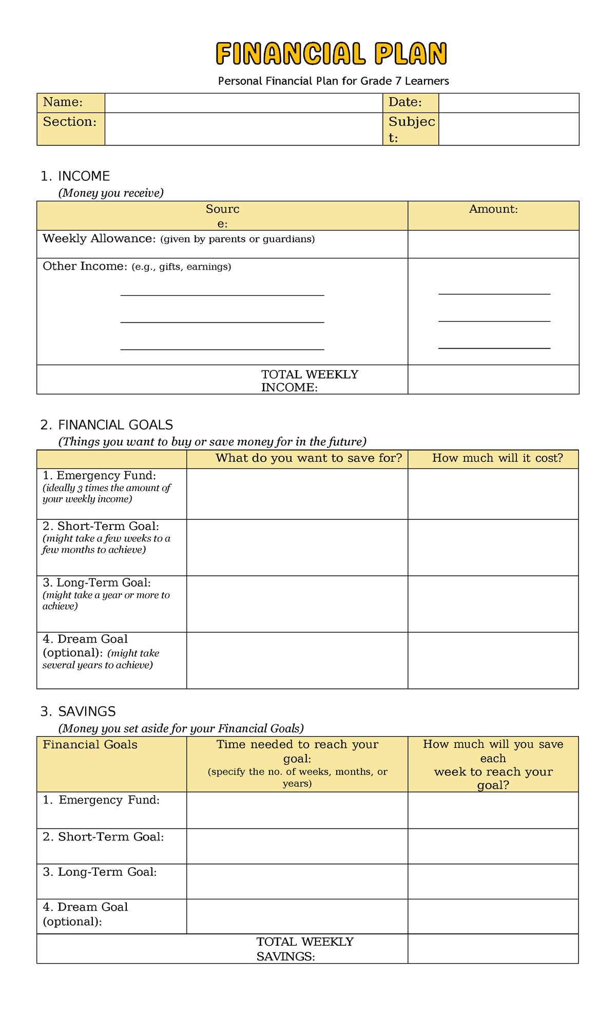 Personal Financial Plan for Grade 7 Learners - Lecture Notes - Studocu