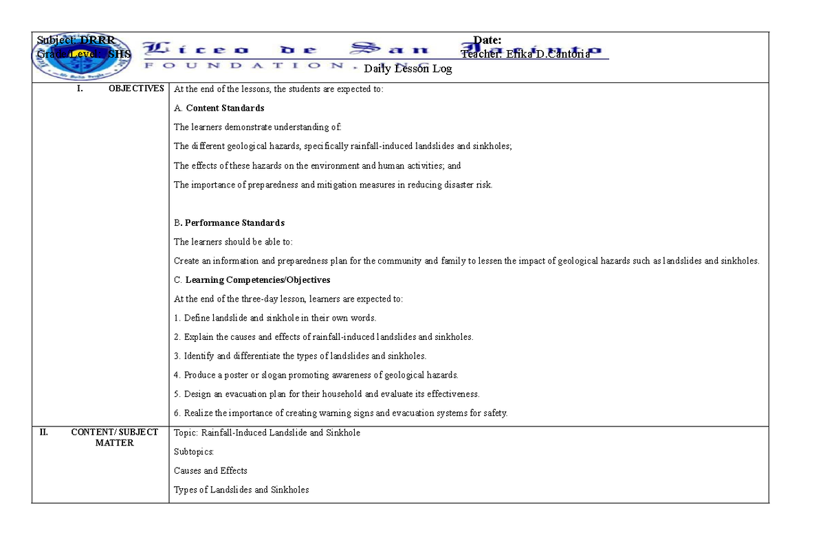 SHS I Daily Lesson Log: Understanding Landslides & Sinkholes - Studocu