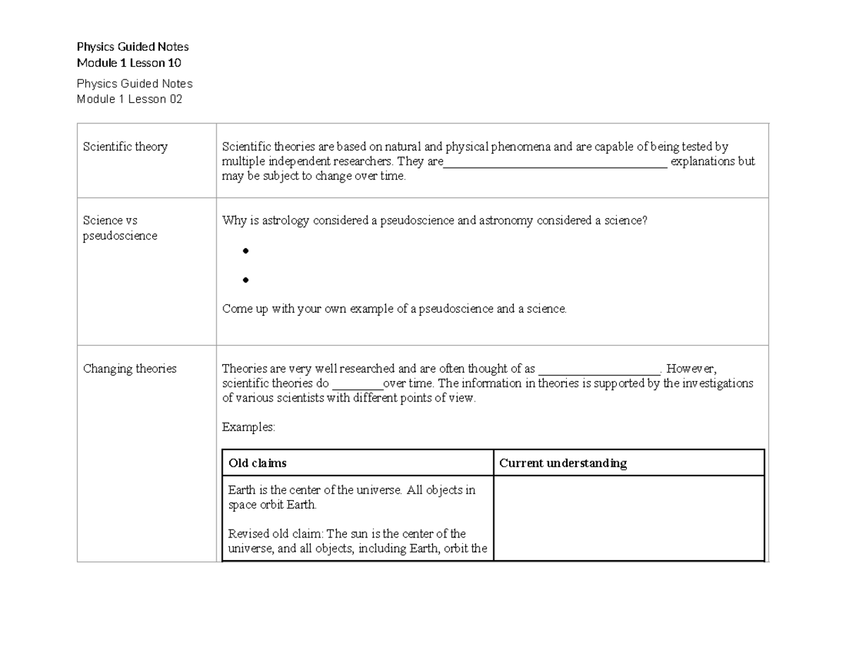 Guided Notes M1L02 - n/a - Physics Guided Notes Module 1 Lesson 10 ...