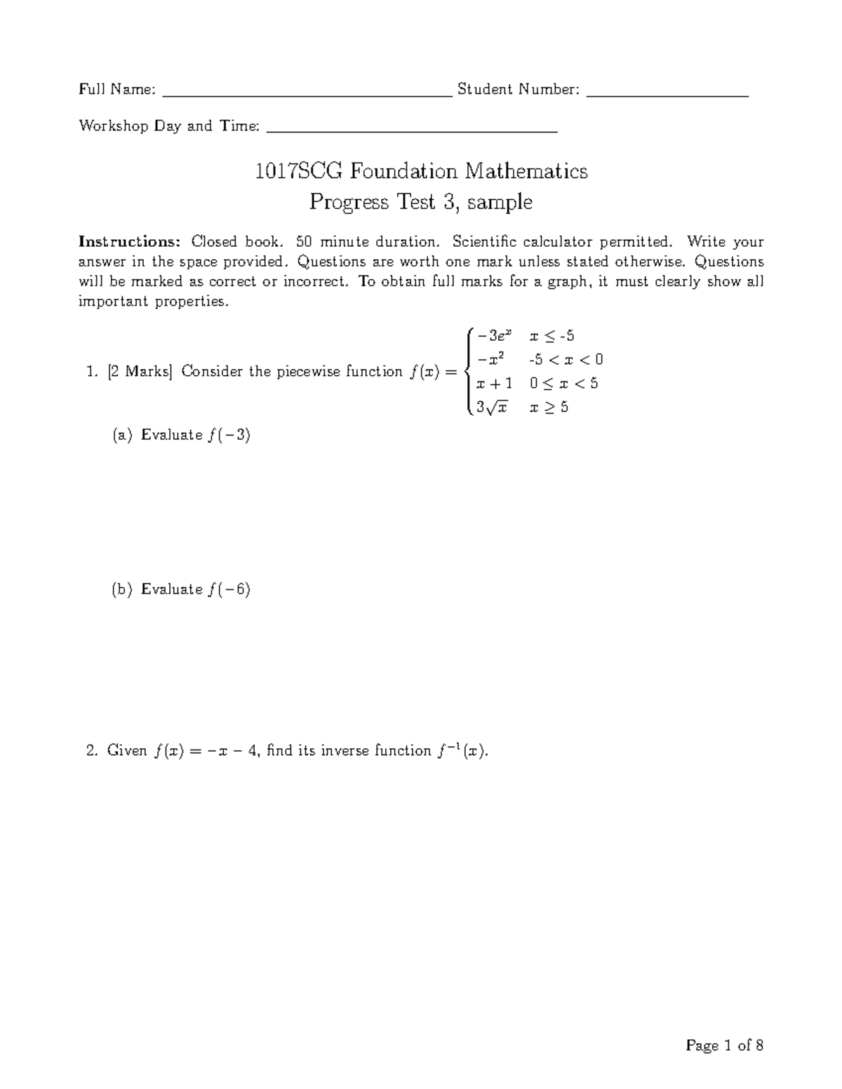 1017SCG Foundation Mathematics Progress Test 3 Sample - Studocu