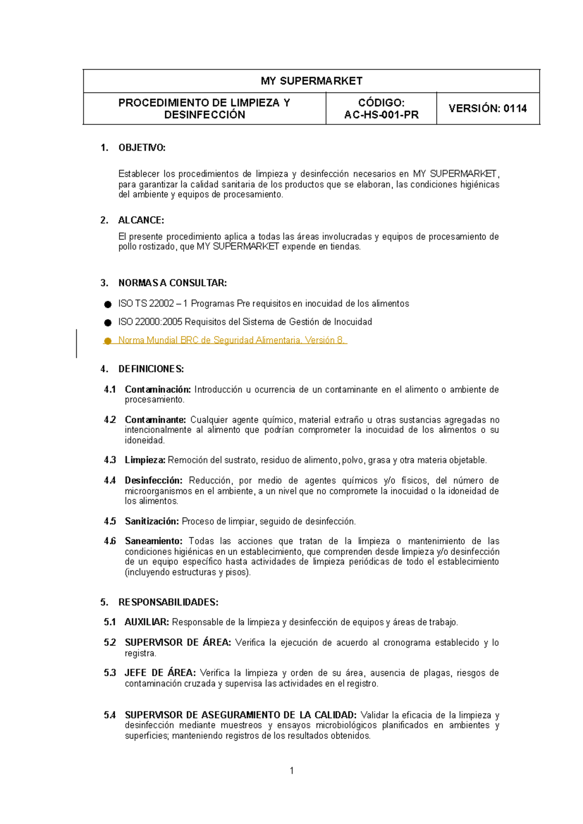 PRO- Limpieza y Desinfección en MY SUPERMARKET: Procedimientos y Normas ...