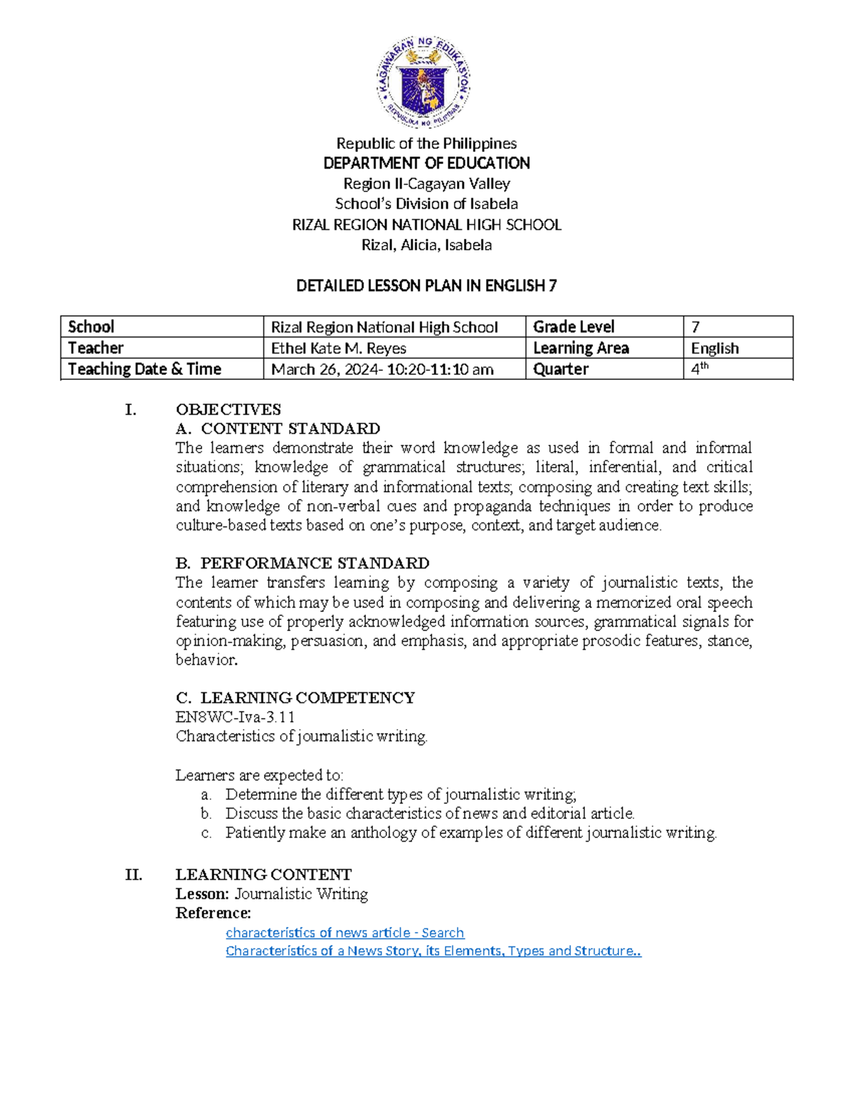 DLL Final CO ENGLISH 7 - Detailed Lesson Plan on Journalistic Writing ...