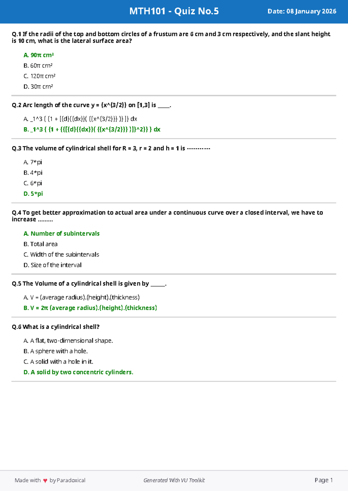 MTH101 Quiz No.5 - Lateral Surface Area & Cylindrical Shells - Studocu
