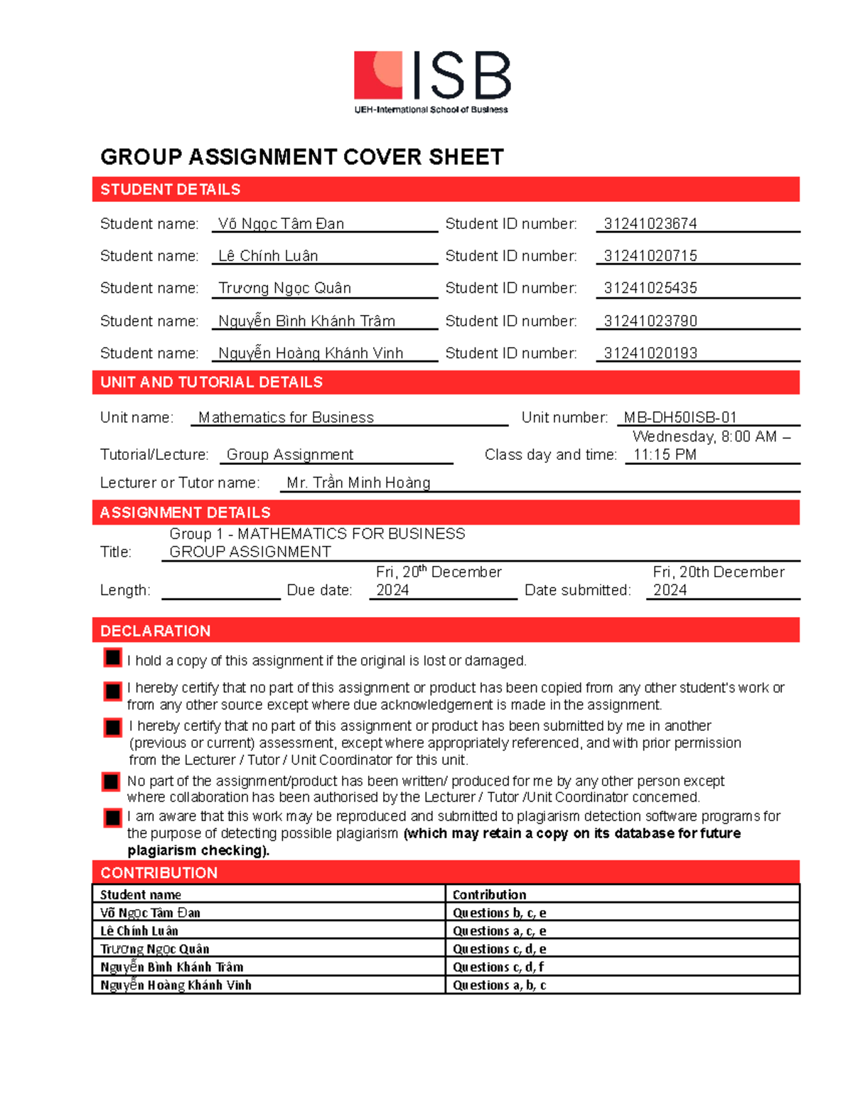 Mathematics for business group assignment cover sheet and details - Studocu